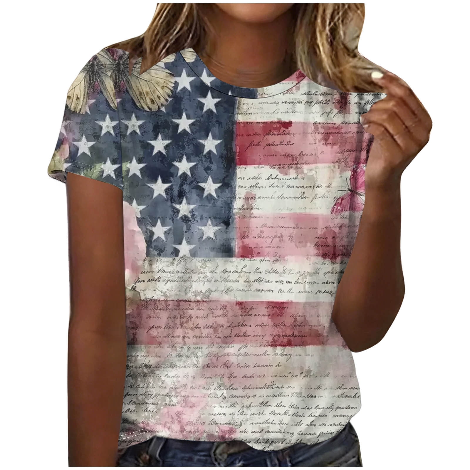 ChaoHeng Summer Tops Women's Loose Fit Trendy Patriotic Printed Round ...