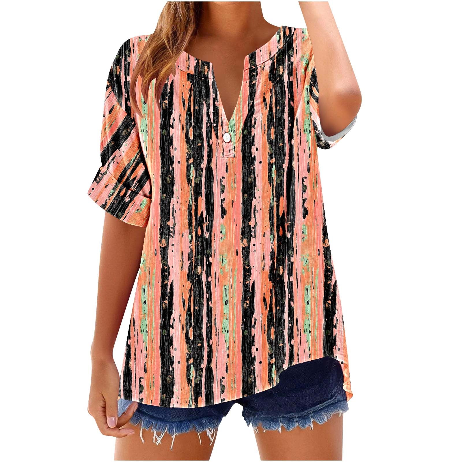 ChaoHeng Summer Tops for Women Plus Size Women V-neck Button Short ...
