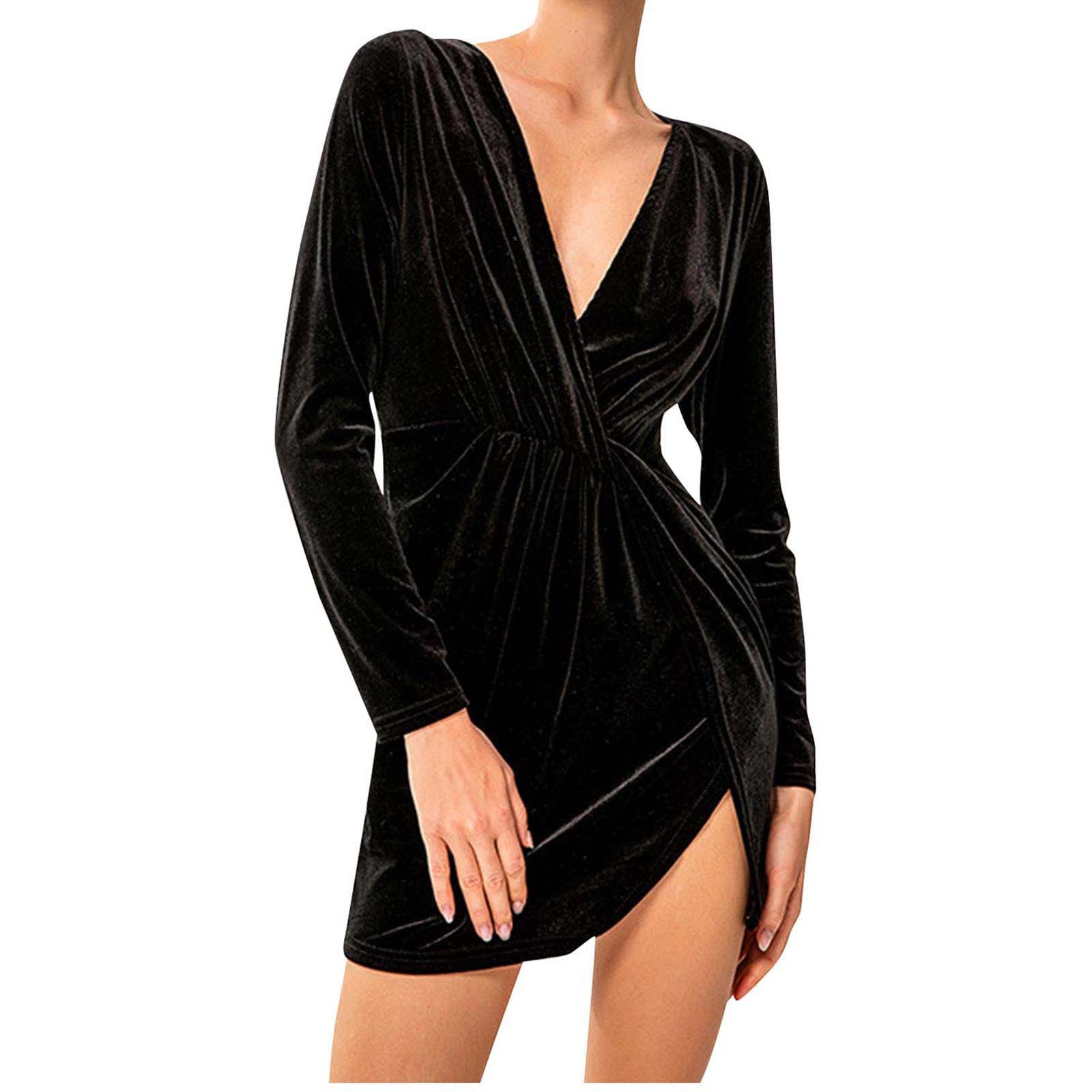 ChaoHeng Women Dresses Clearance $5.00 Dresses for Women Women's Velvet Long Sleeve V-neck Dress ...