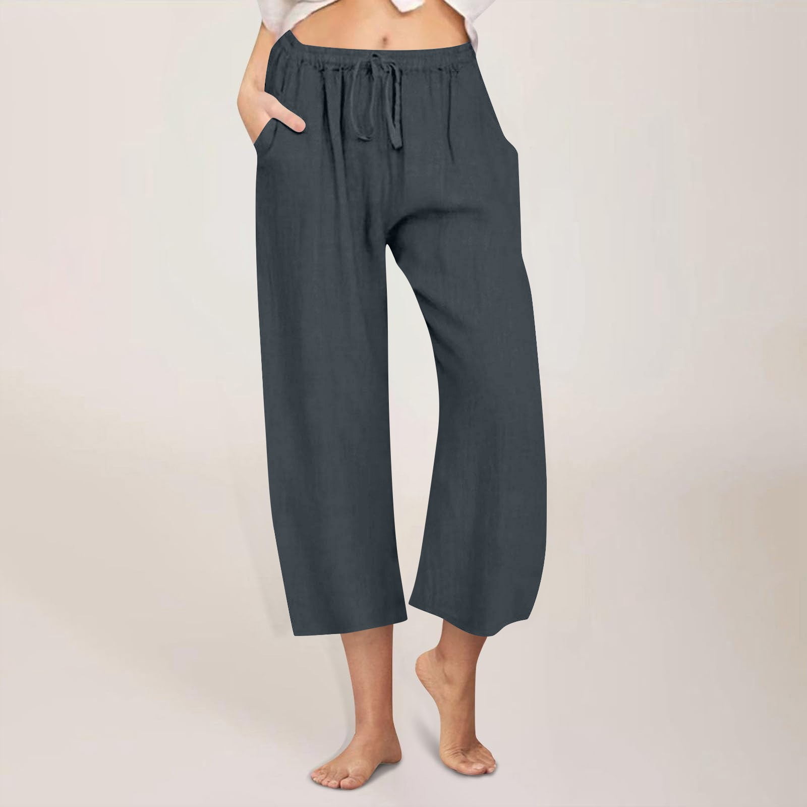 ChaoHeng Women's Cotton Linen Wide-Leg Cropped Pants Drawstring Waist ...