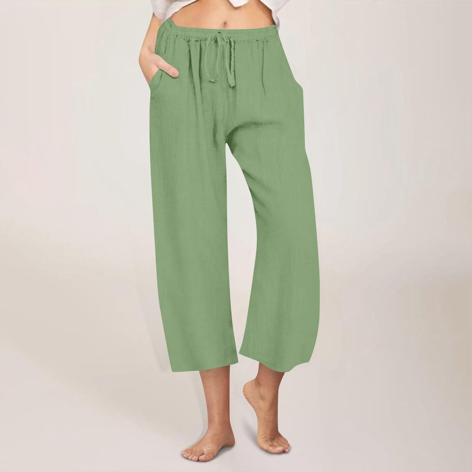 ChaoHeng Women's Cotton Linen Wide-Leg Cropped Pants Drawstring Waist ...