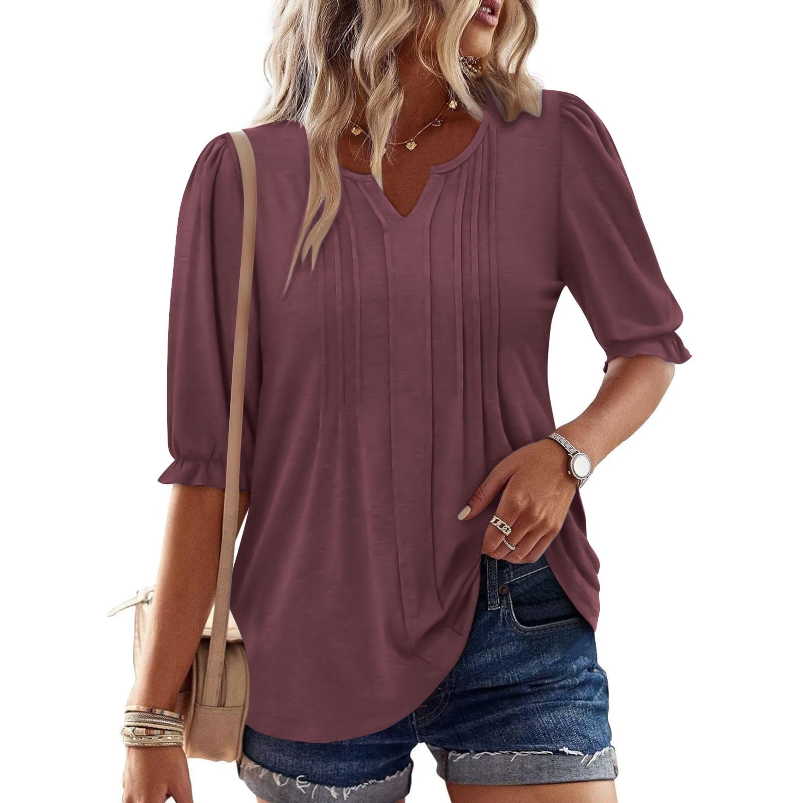 ChaoHeng Women's Loose Pleated Solid Color Short-Sleeve Top Summer ...