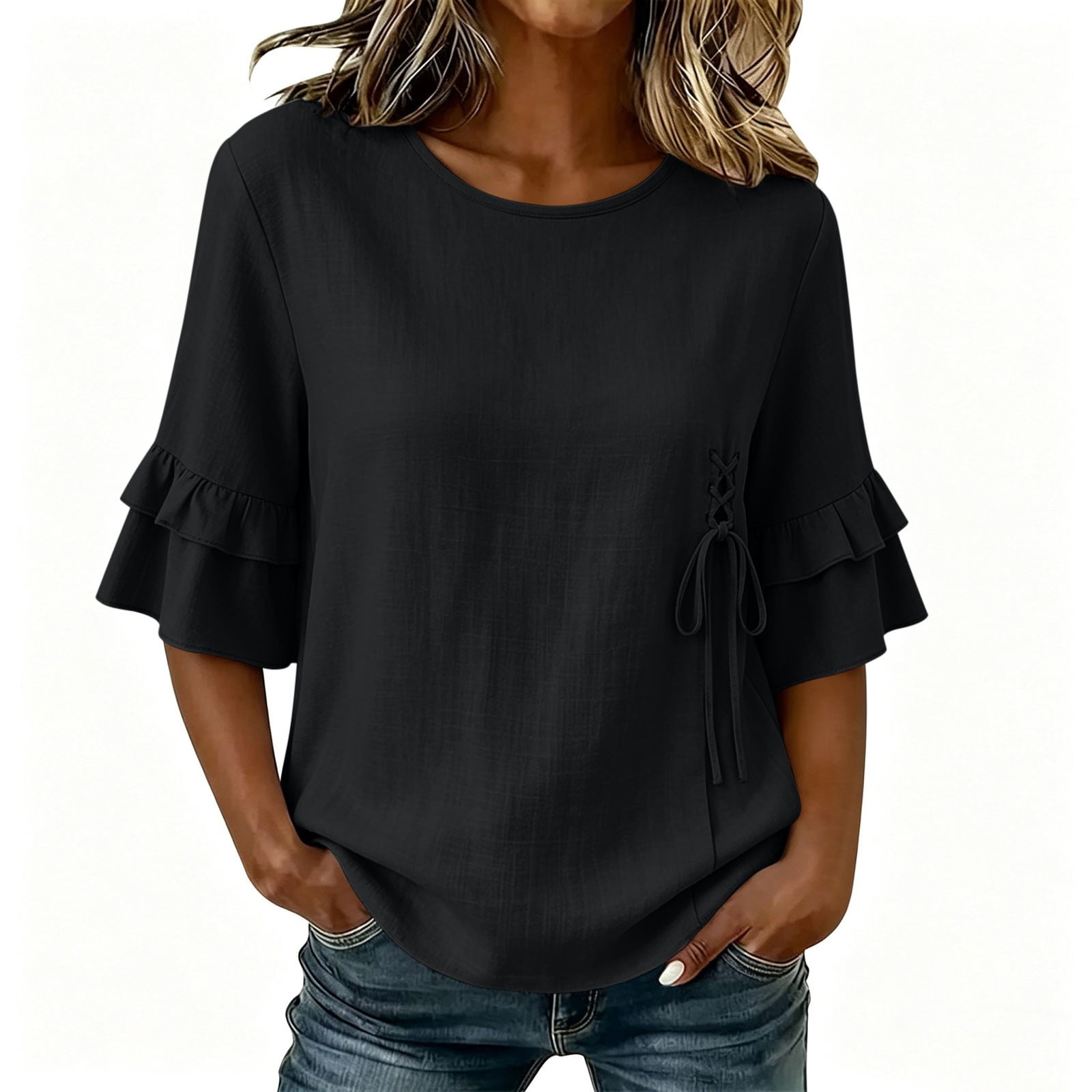 ChaoHeng Women's Summer Solid Color Crew-Neck Three-Quarter Pleated ...