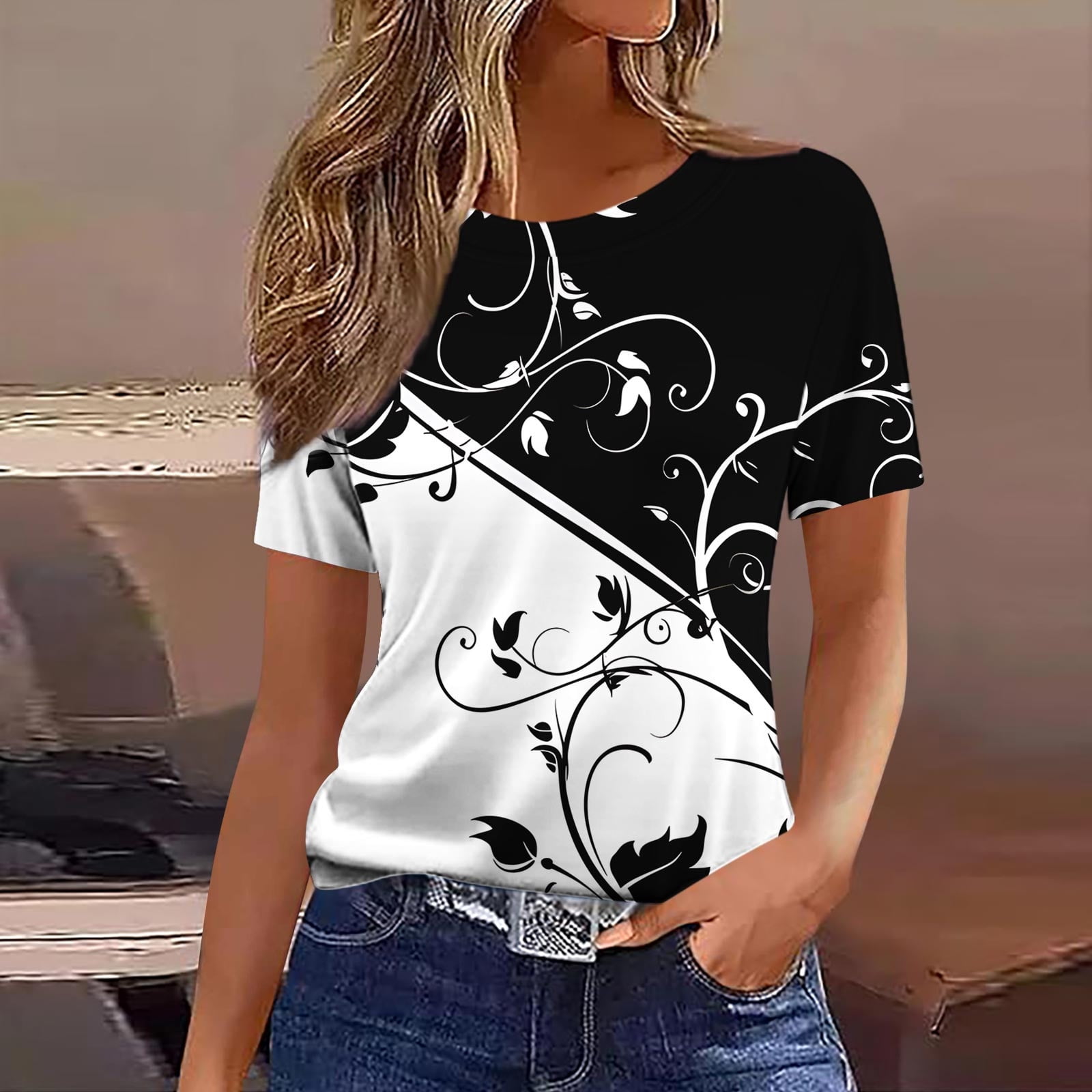 ChaoHeng Women's V-Neck Short Sleeve Random Print T-Shirt Casual Loose ...