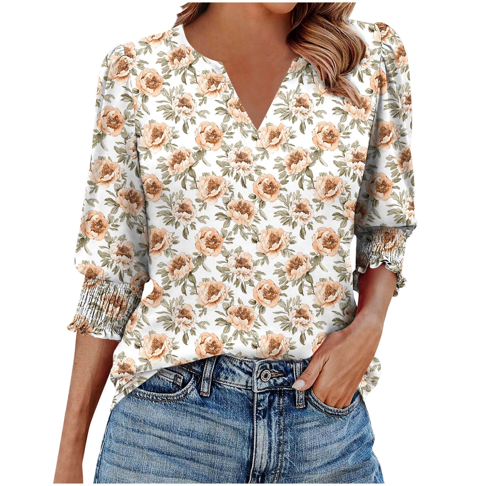 ChaoHeng Womens Spring Tops Womens Casual Printed 3/4 Length Sleeve ...
