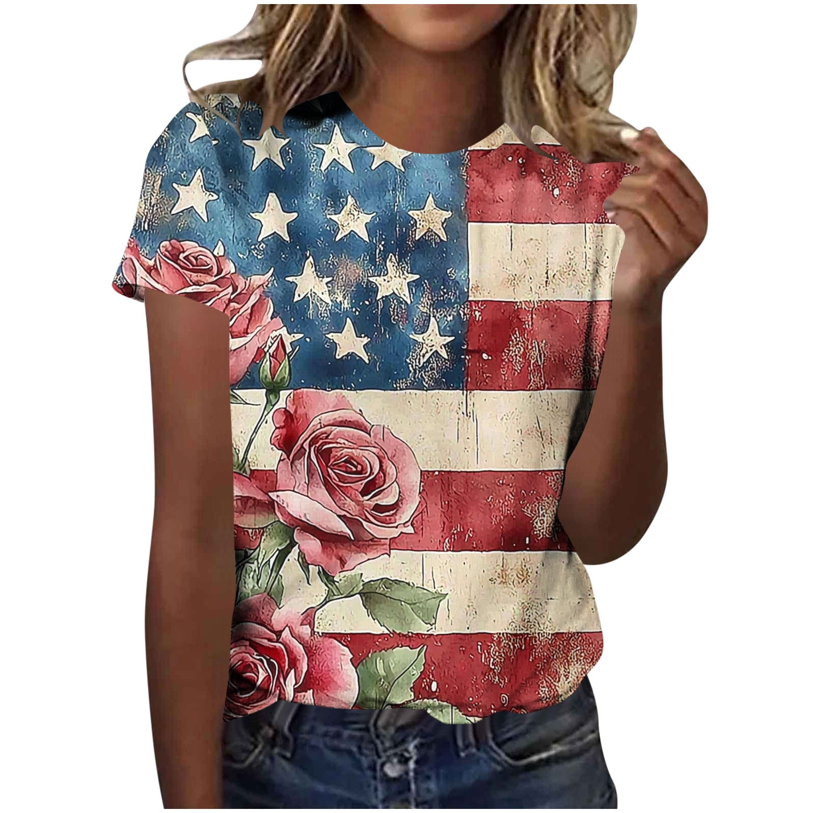 ChaoHeng Womens Tops Casual Women's Festive Patriotic Graphic Round ...