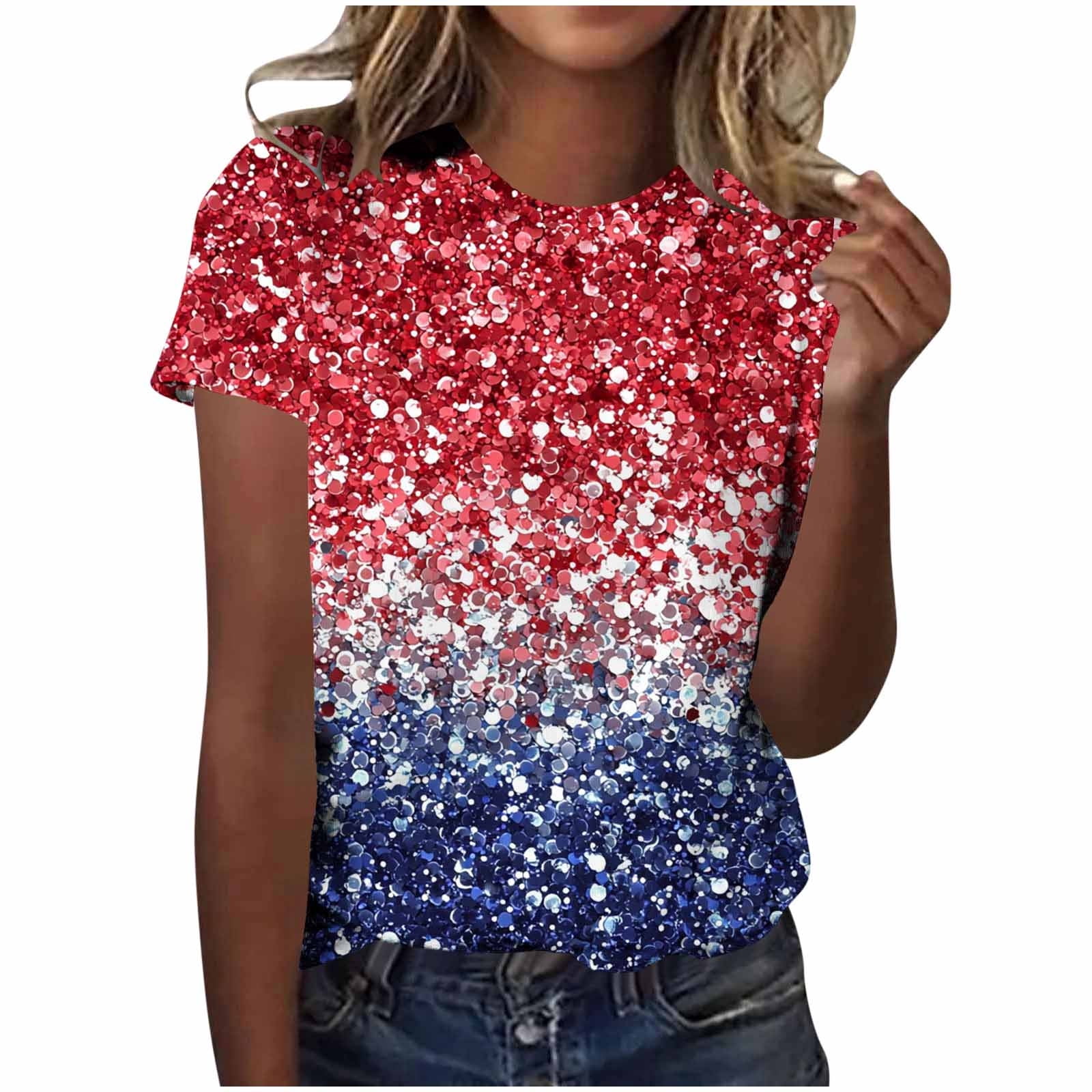 ChaoHeng Womens Tops Plus Size Women's Trendy Patriotic Printed Round ...