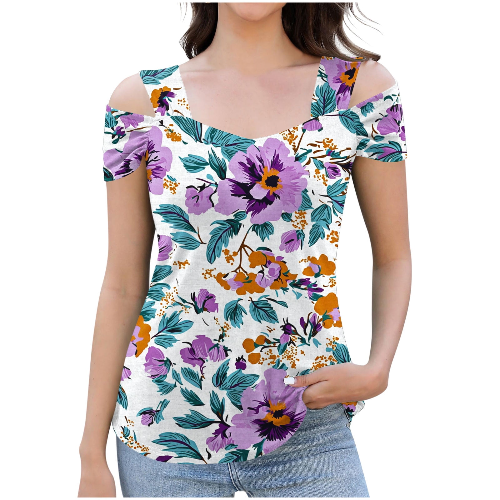 ChaoHeng Womens Tops Summer Women's V-Neck Fold Blouses Off Shoulder ...