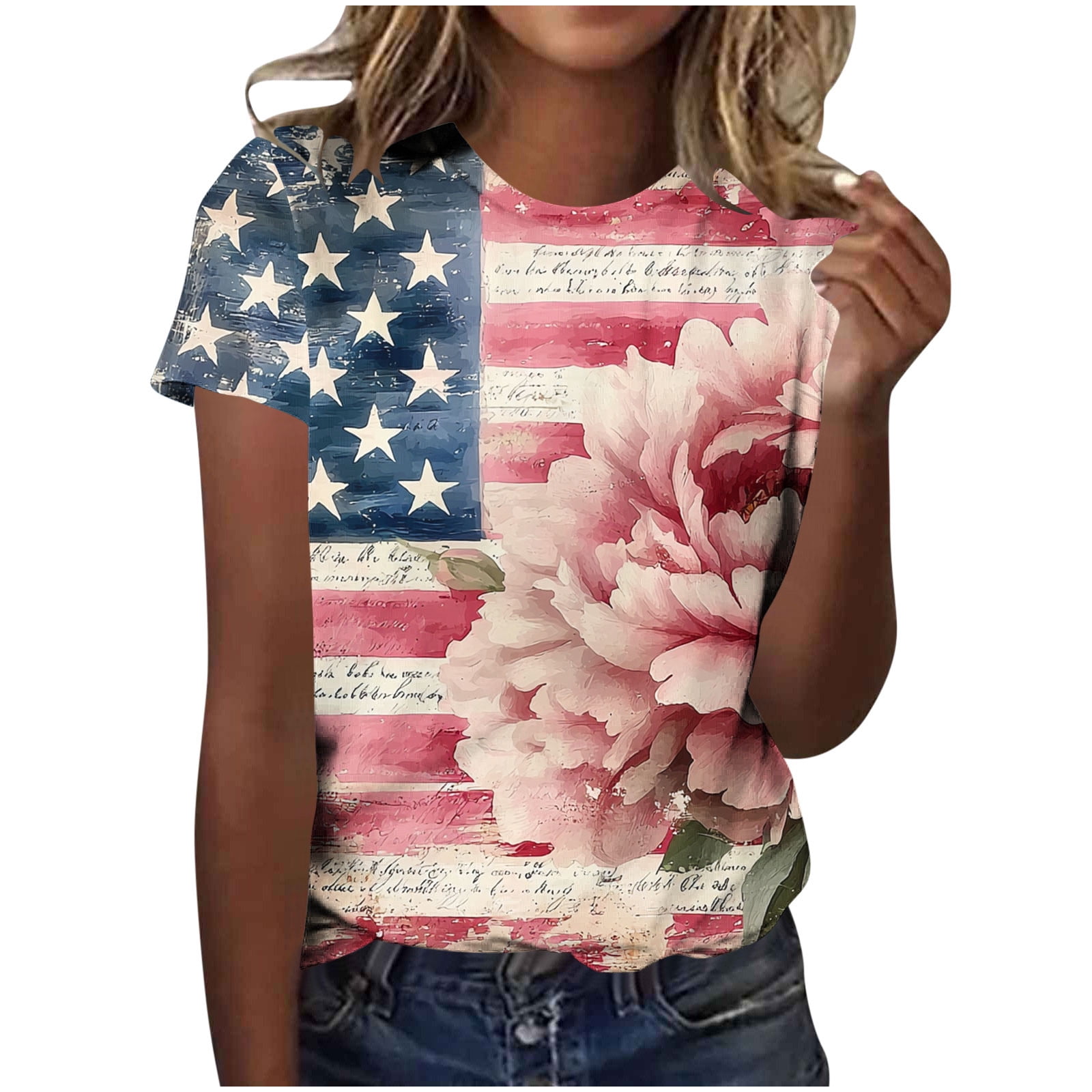 ChaoHeng Womens Tops Trendy Women's Festive Patriotic Graphic Round ...