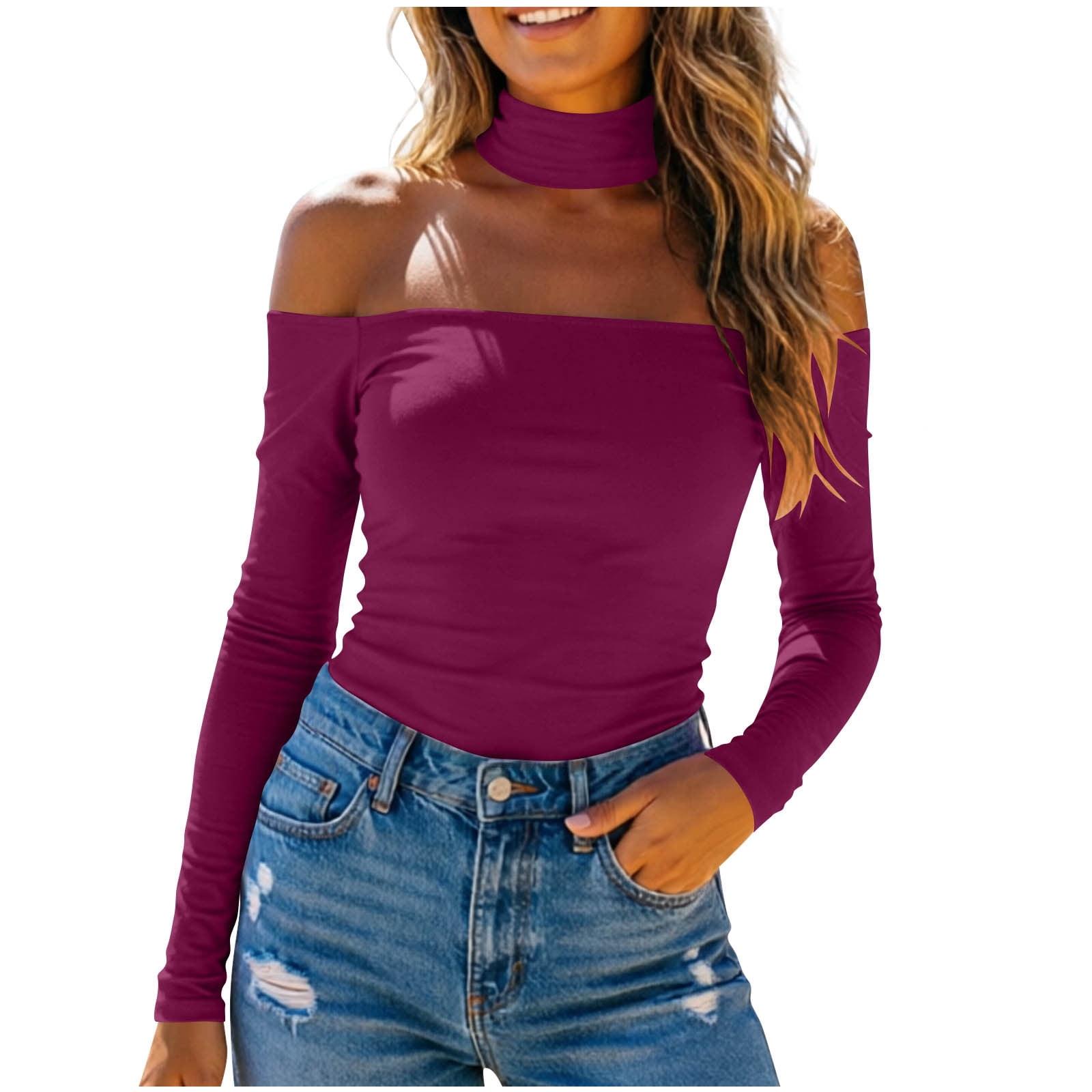 ChaoHeng Womens Tops Trendy Womens Tops Choker Neck Long Sleeve Off ...