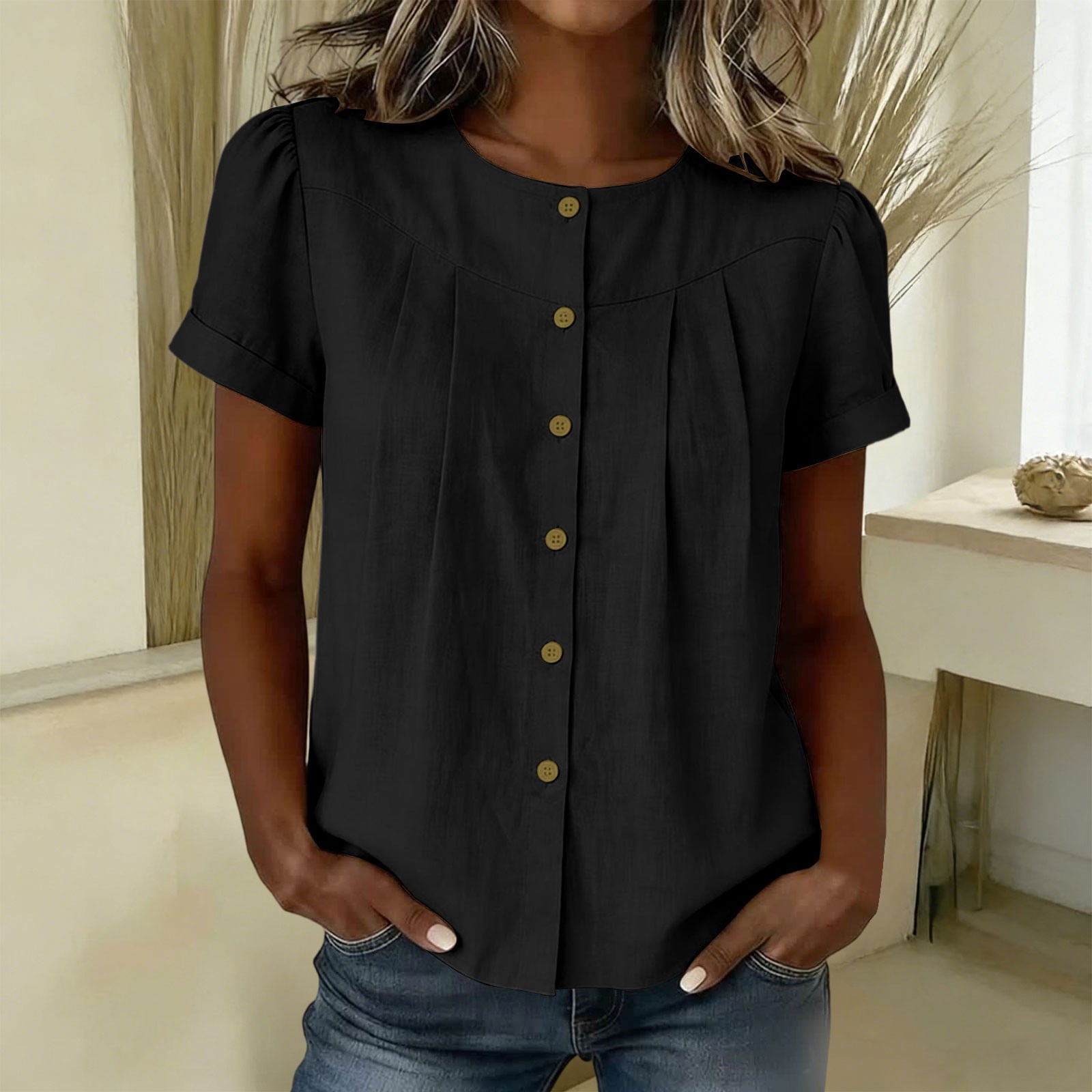 ChaoHeng Womens Tops Women's Solid-color Round-neck Short-sleeved ...