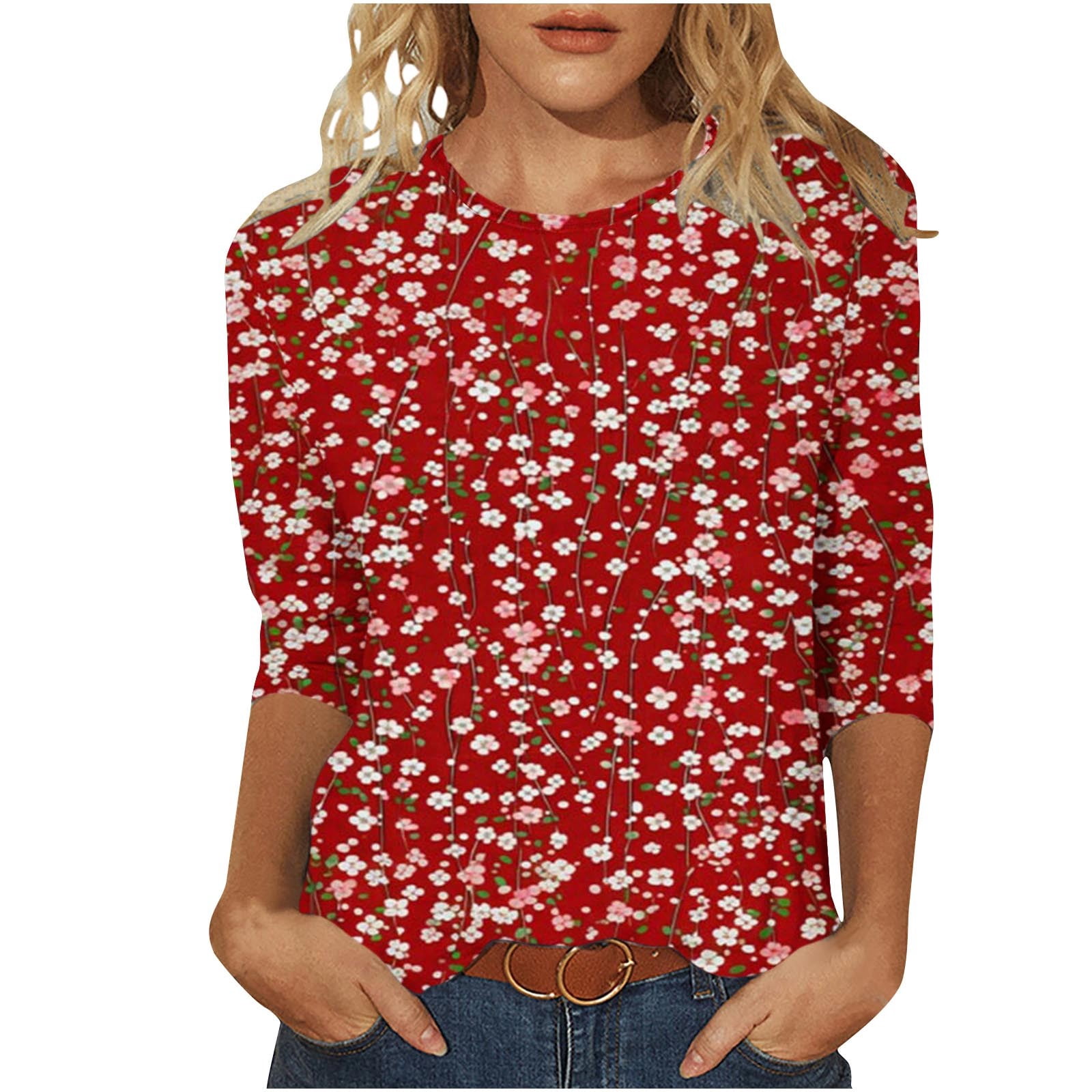 ChaoHeng Womens Tops Womens Tops Classic 3/4 Sleeve Round Neck Printed ...