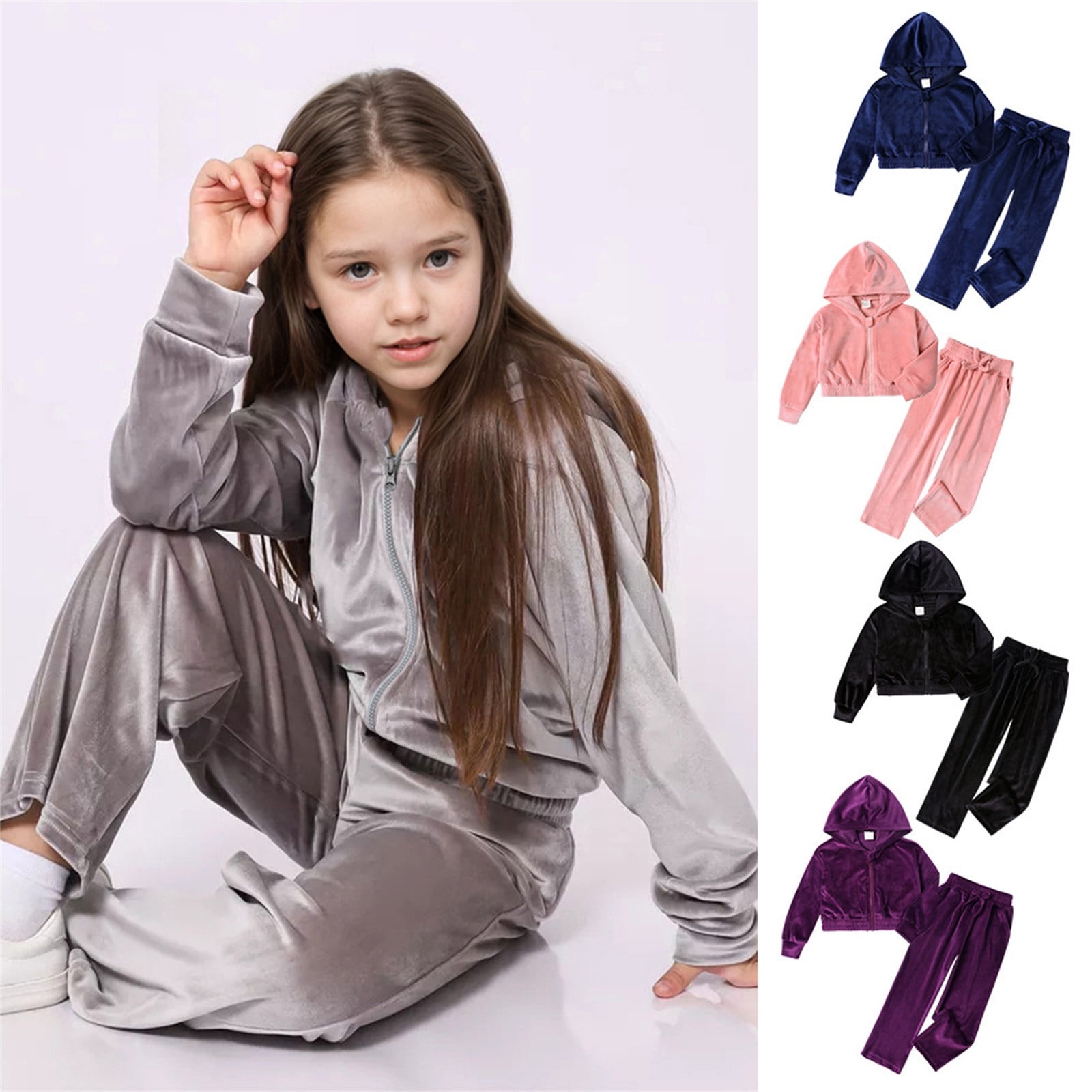ChaoLingNeng 2 Piece Outfits for Girls Velour Tracksuit Hoodie and ...