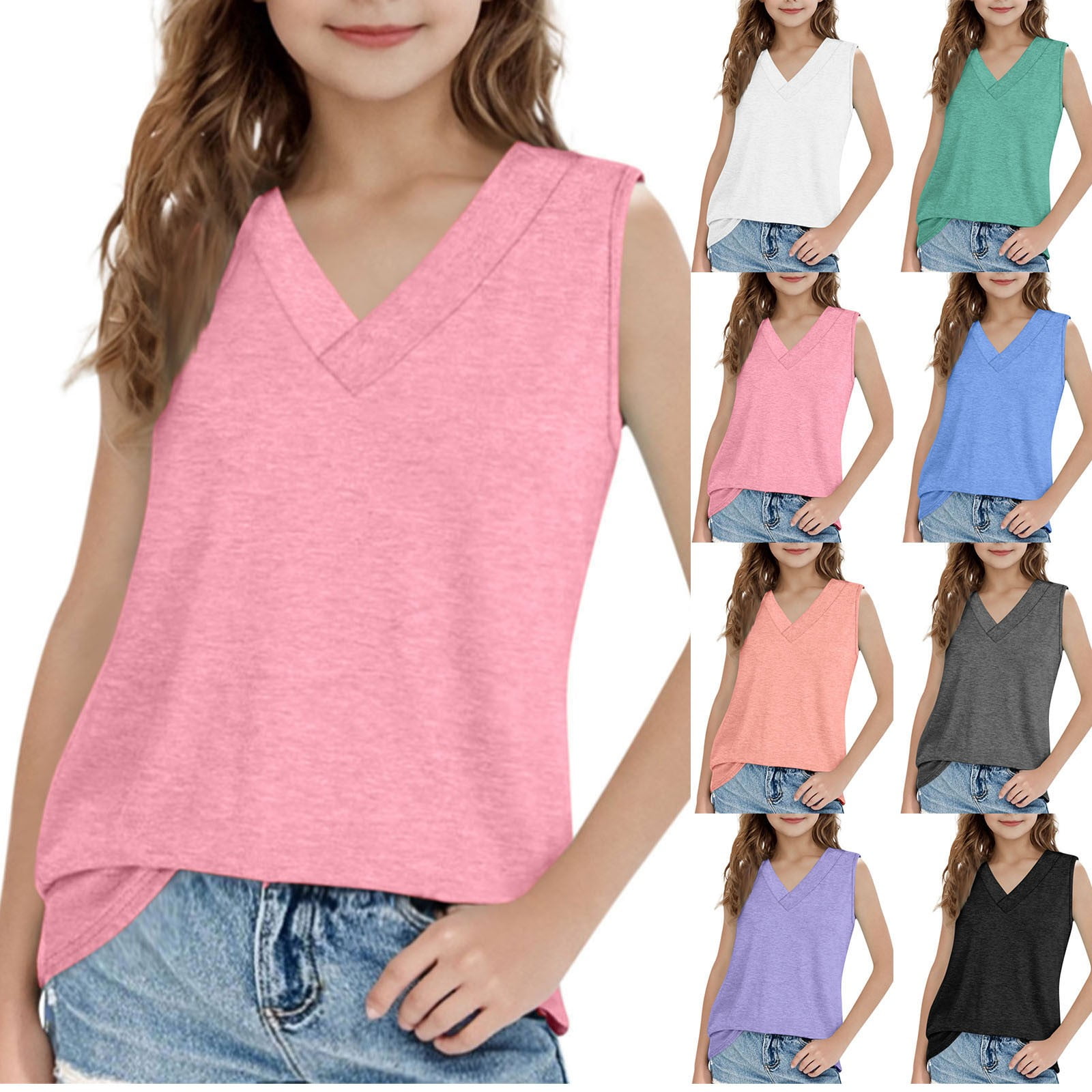 ChaoLingNeng Kids Girls Summer Athletic Solid Color Tank Tops Split ...