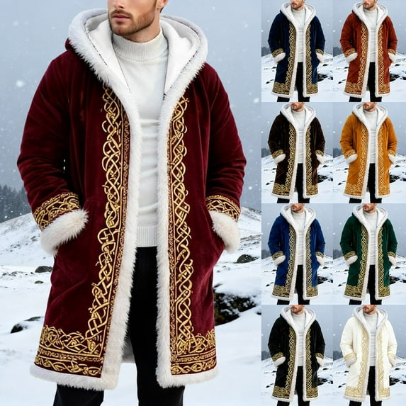 ChaoLingNeng Men’s Santa Claus Christmas Winter Coat Red Flannel Jackets Long Fur Trim Jacket ...