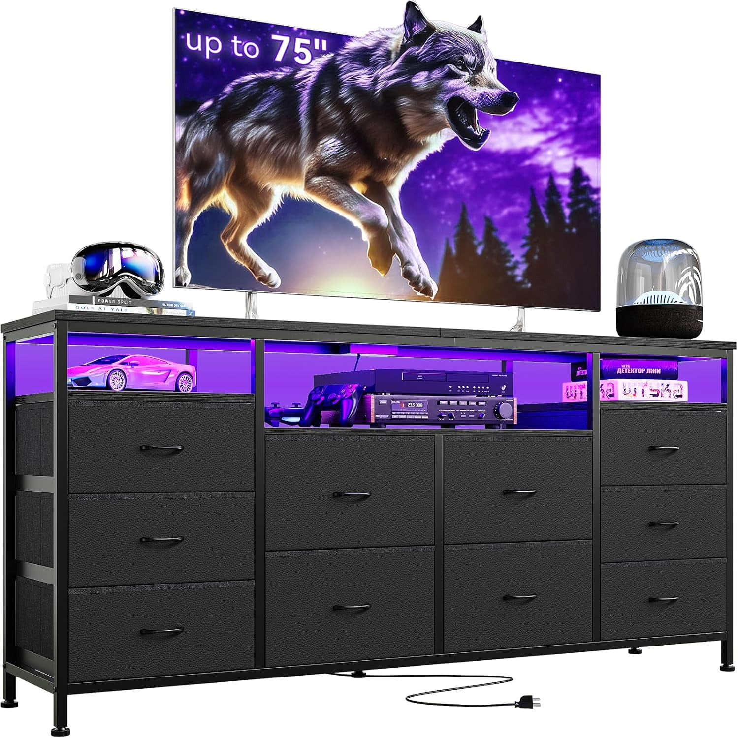 ChaoLink 63.3 Inch Black Dresser for Bedroom,10 Drawer Dresser TV Stand ...