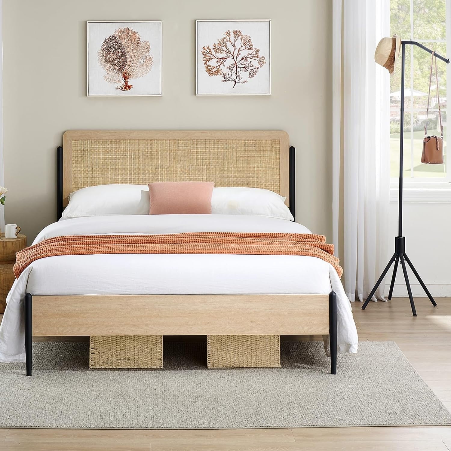 ChaoLink Full Bed Frame Boho Bed Frame with Rattan Headboard & Wood ...