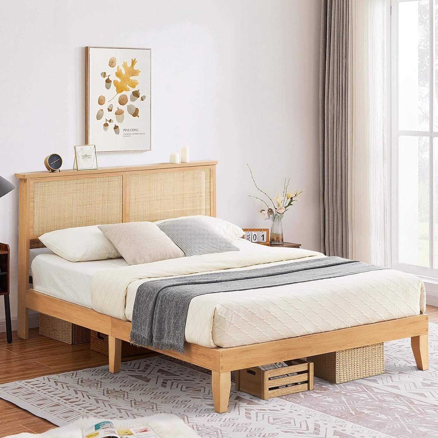 ChaoLink Rattan Bed Frame Full Size, Boho Style Bed with LED Headboard ...