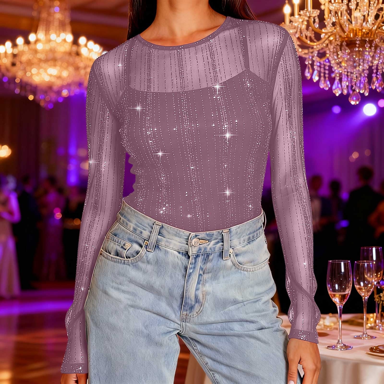 Chaoheng Sequin Tops for Women Women's Sheer Mesh Sequin Top Silver ...