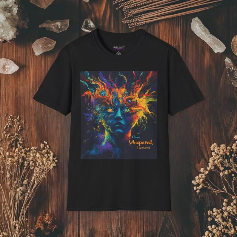 Chaos Whispered Graphic Tee - Multi Colored Flames Abstract Face Art ...