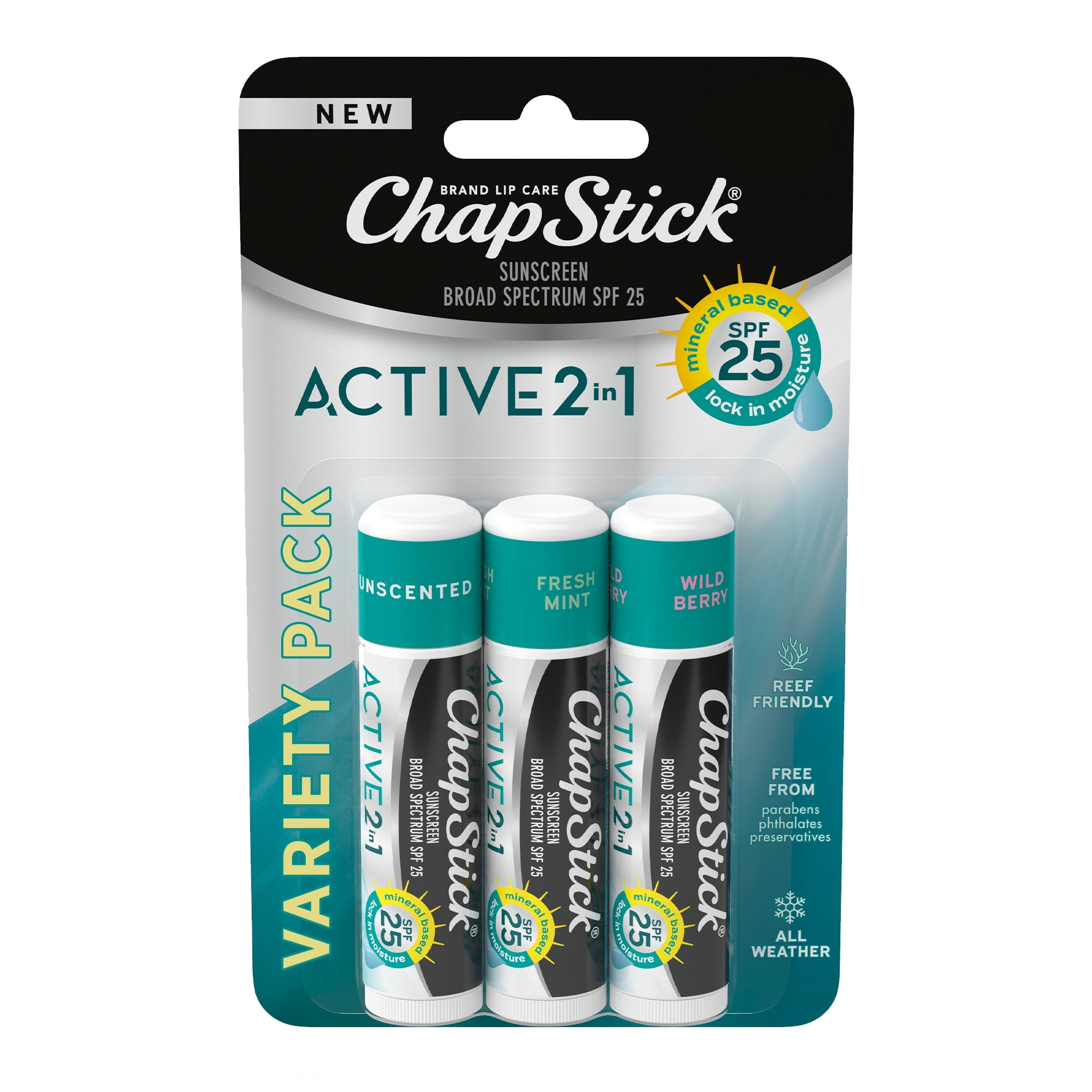 ChapStick Active 2-in-1 Variety Pack, Unscented, Wild Berry and Fresh ...