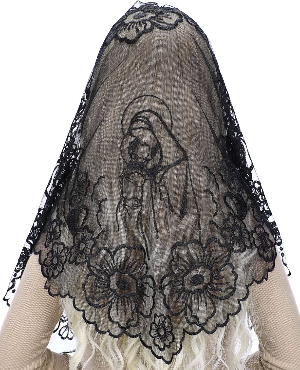 Chapel Veils Catholic Mass Mantilla - Virgin and Child Embroidery Lace ...