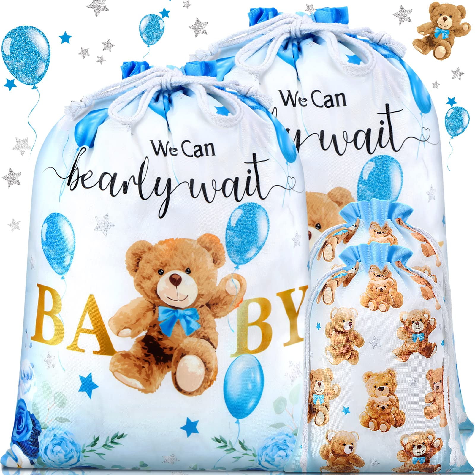 Chapou 4 Pcs Large Baby Shower Drawstring Gift Bags for Boy Blue Bear ...