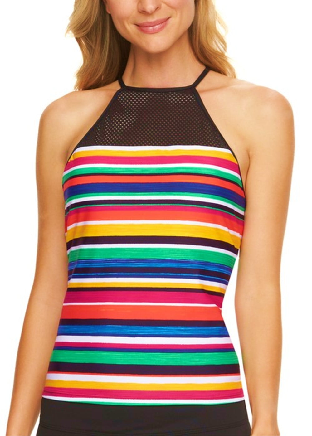 Chaps Multicolor Striped High-Neck Mesh Tie-Back Tankini Top Swimwear ...