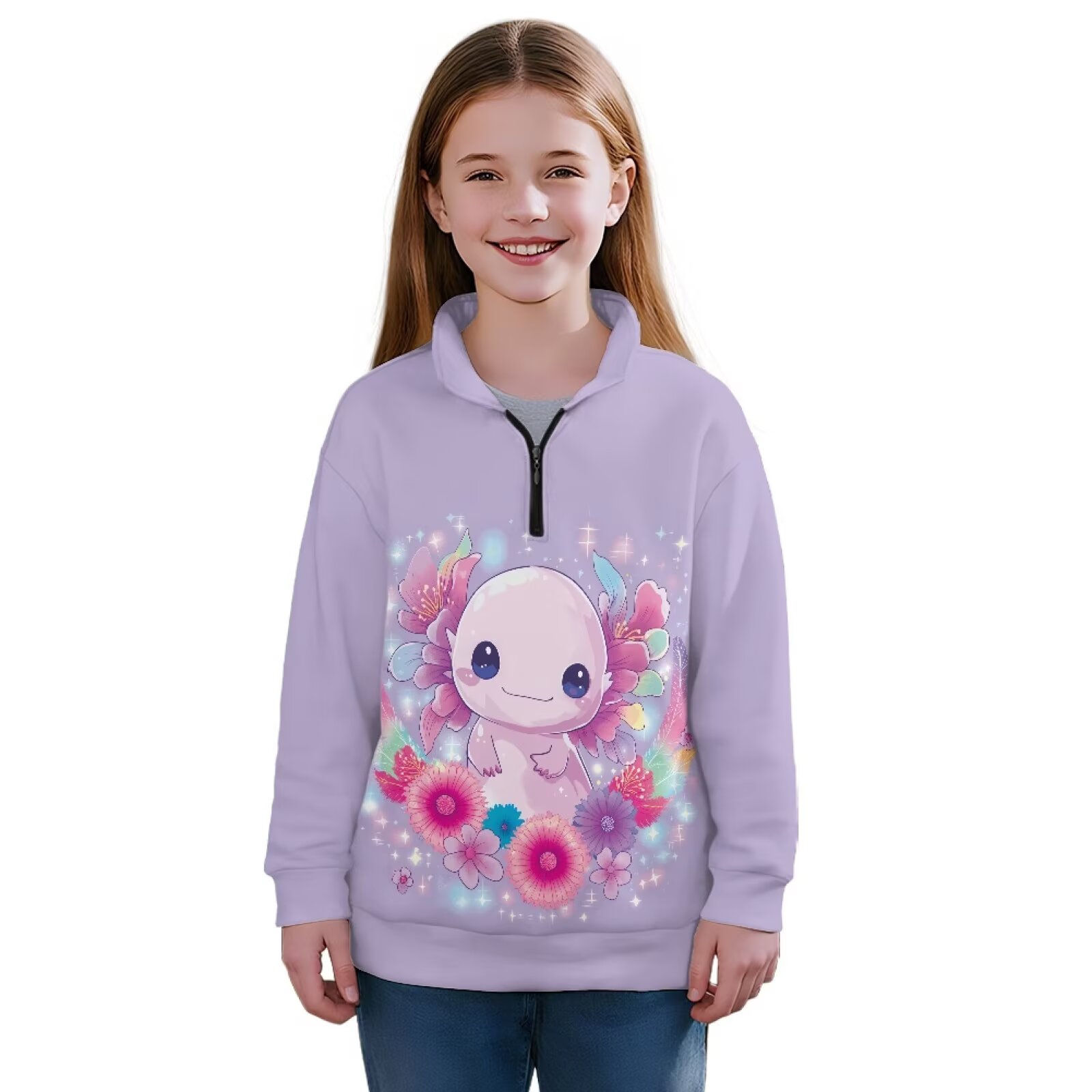 Chaqlin Bling Flower Axolotl Zipper Sweatshirt for Kids Girls Quarter ...