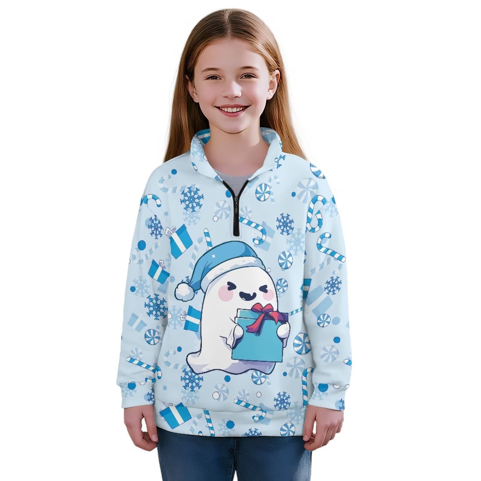 Chaqlin Cartoon Ghost Snowflake Girls Quarter zip Up Sweatshirt ...
