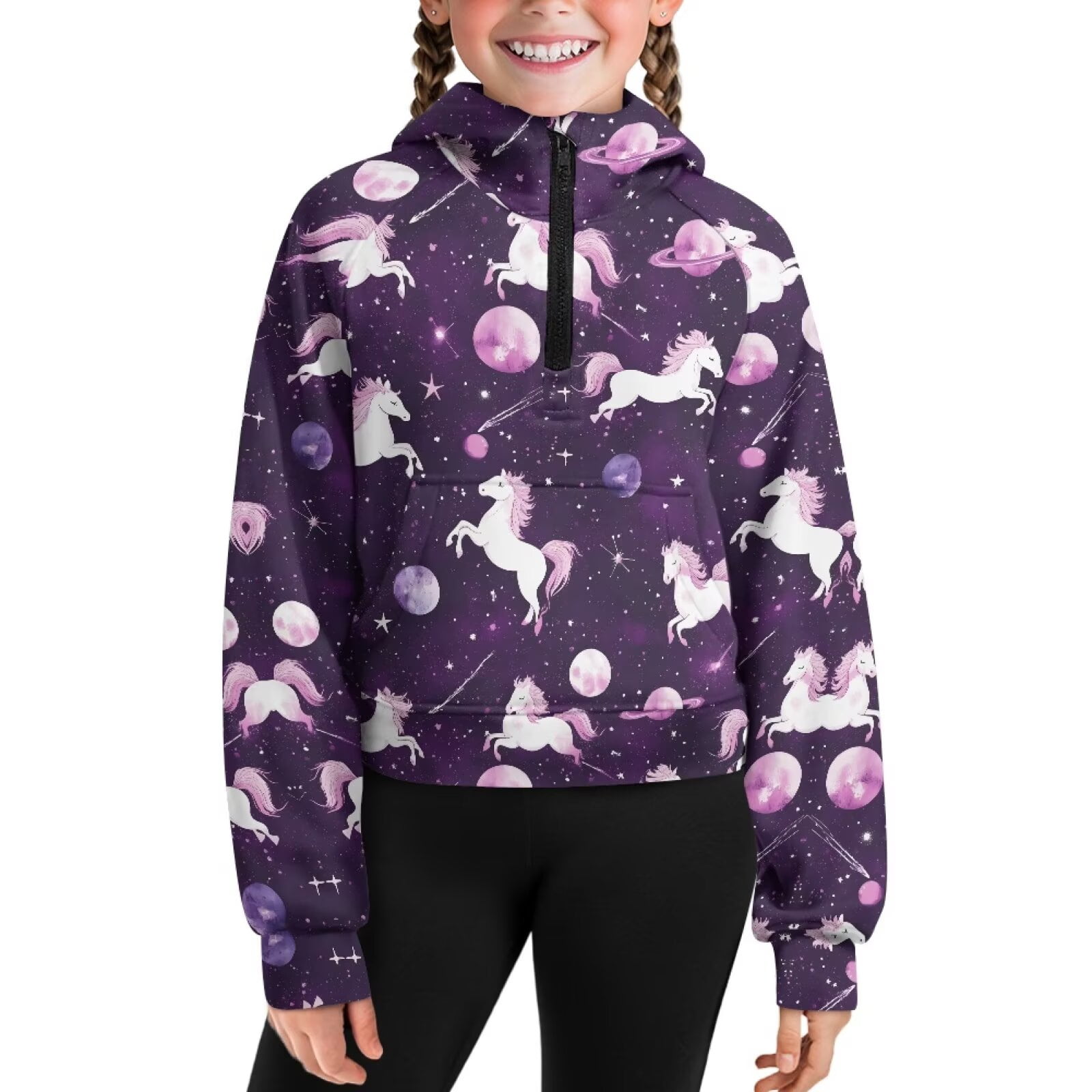 Chaqlin Planets Horse Print Girls Quarter Zip Up Sweatshirt with Pocket ...