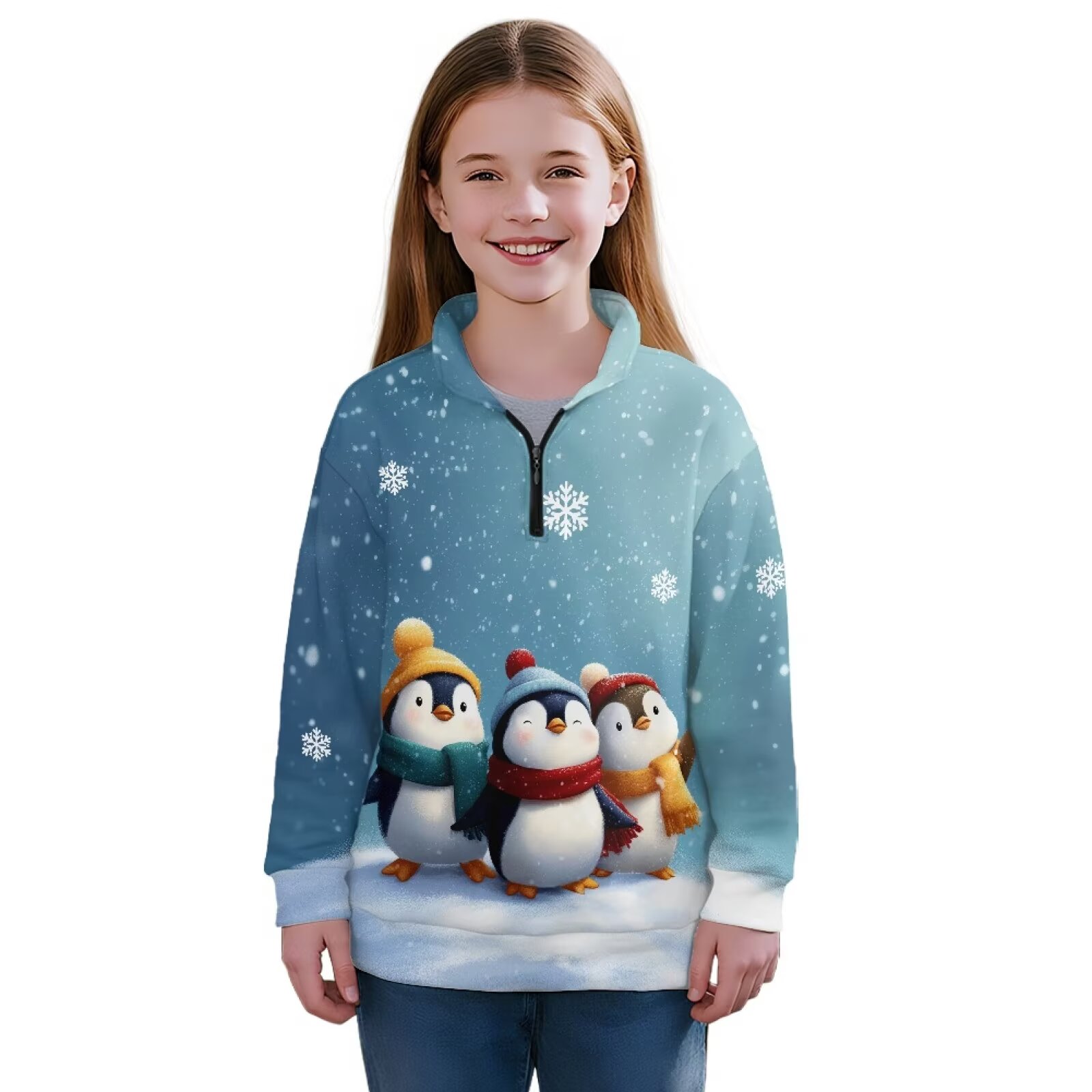 Chaqlin Snowflake Cute Penguin Girls Quarter zip Up Sweatshirt ...