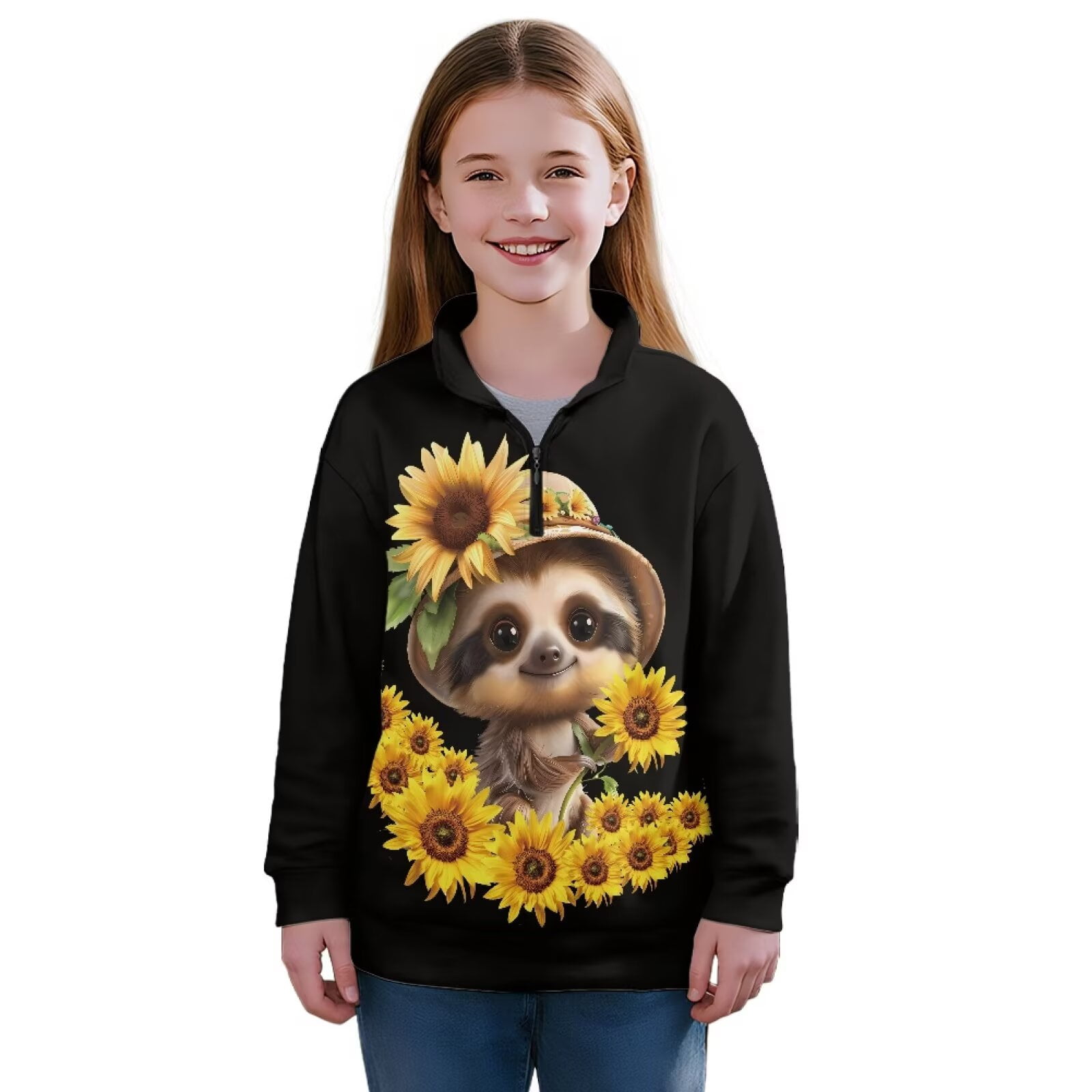 Chaqlin Sunflower Cartoon Sloth Girls Quarter Zip Up Sweatshirt ...