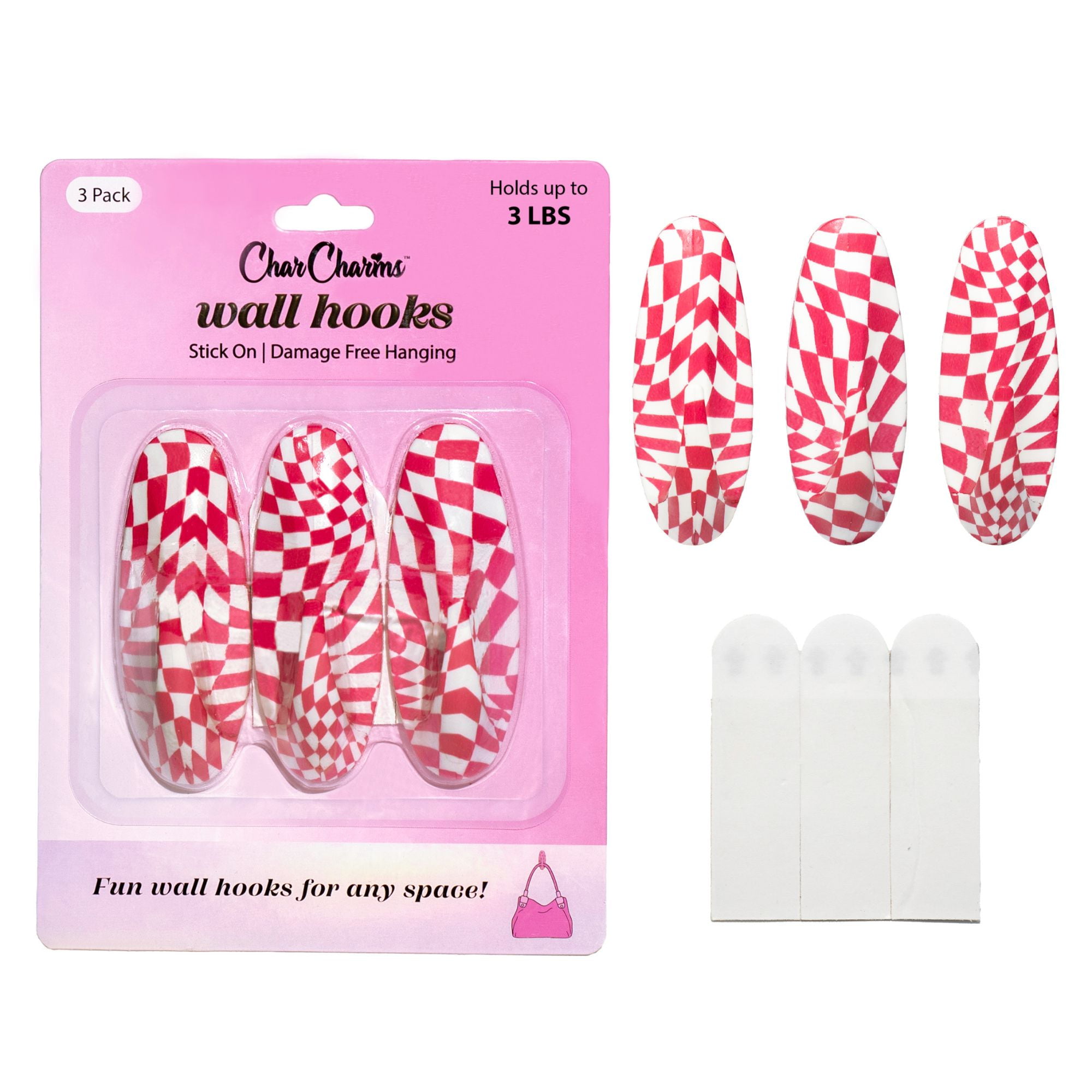 CharCharms Pink Checker Wall Hooks 3-Pack | Stick On Adhesive ...