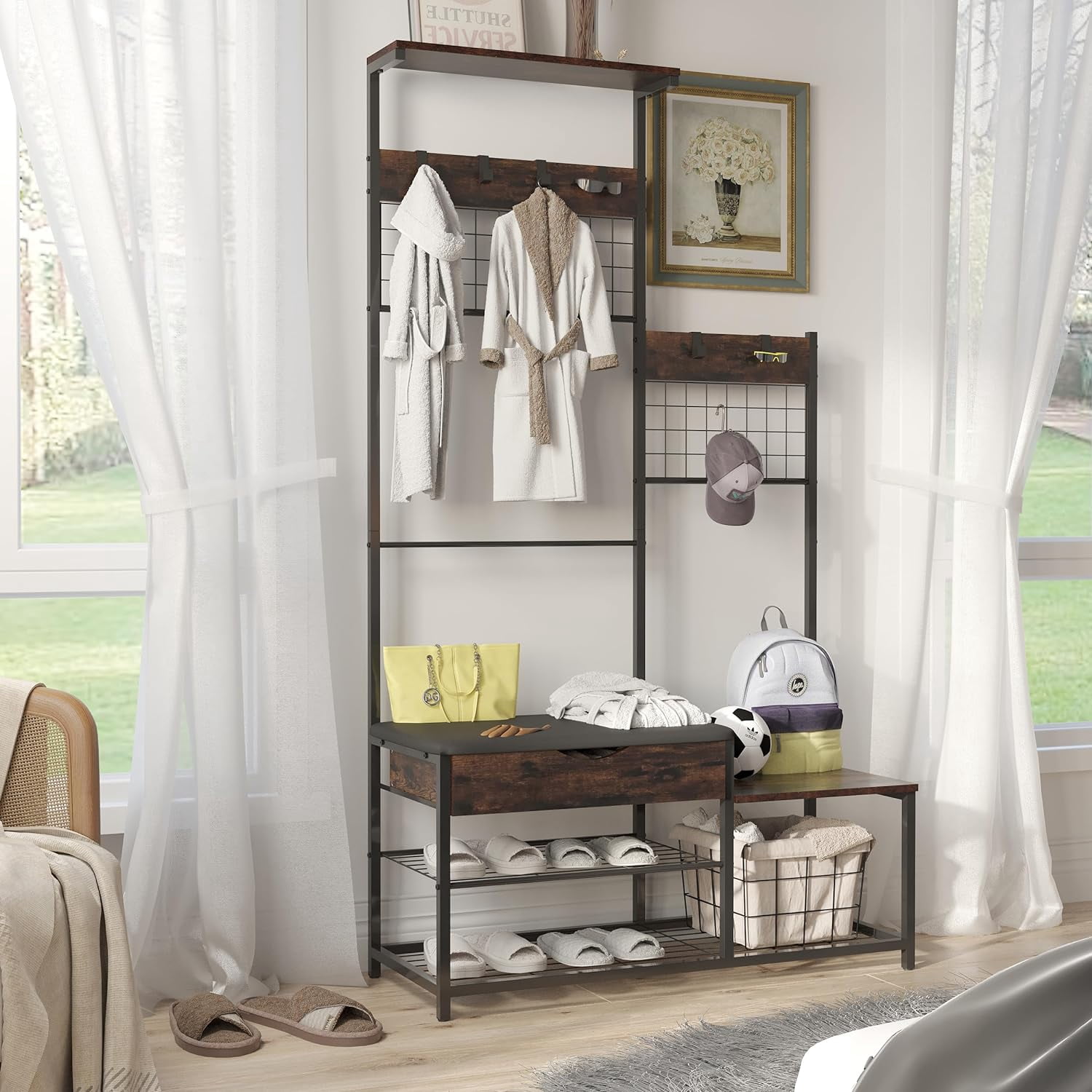 CharaVector 4-in-1 Hall Tree with Storage Drawer & Soft Cushion ...