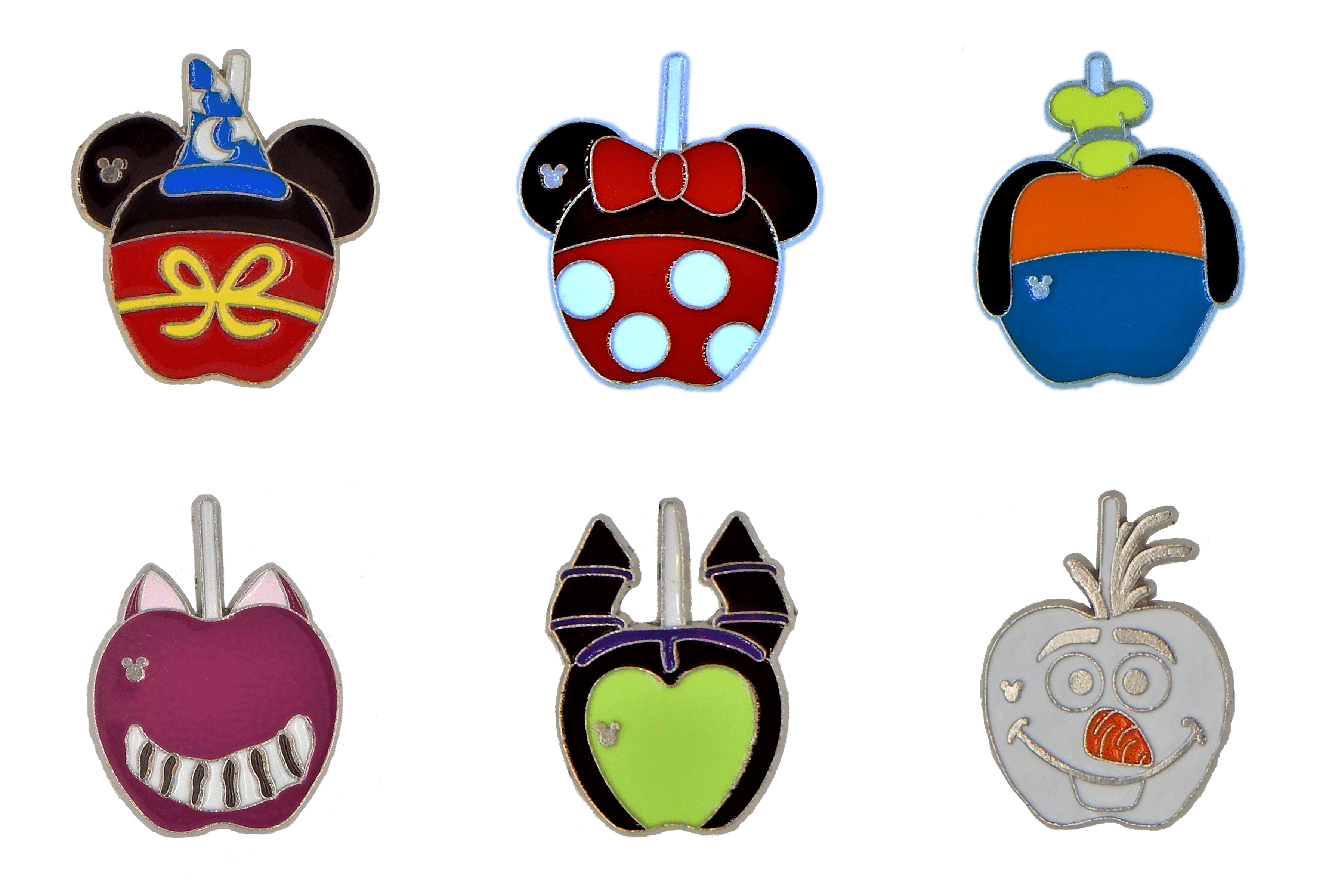Disney Candy Apple Trading Pin Set, Mickey, Minnie, Goofy, Cheshire Cat ...