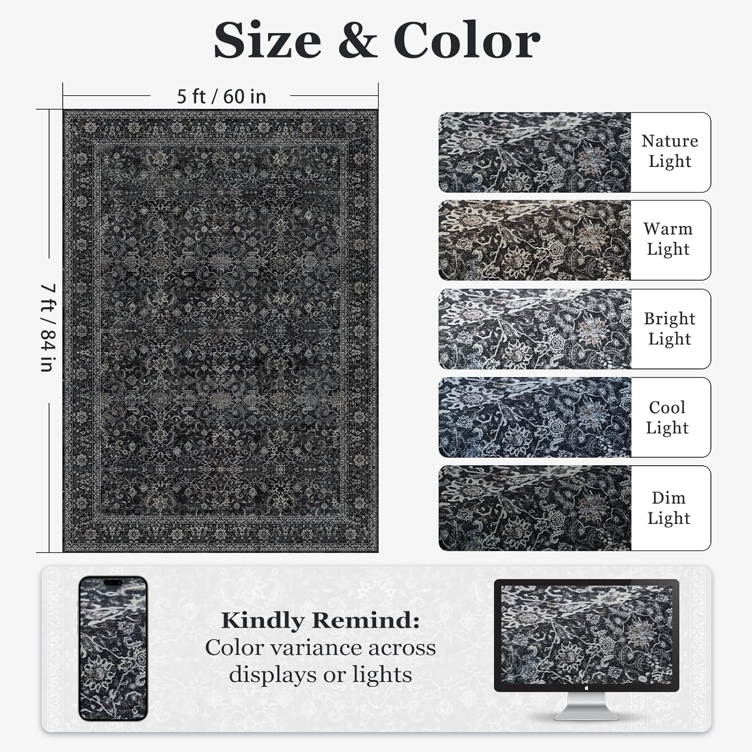 Charcoal 5x7 Area Rugs for Living Room Bedroom, Washable Non Slip Low ...