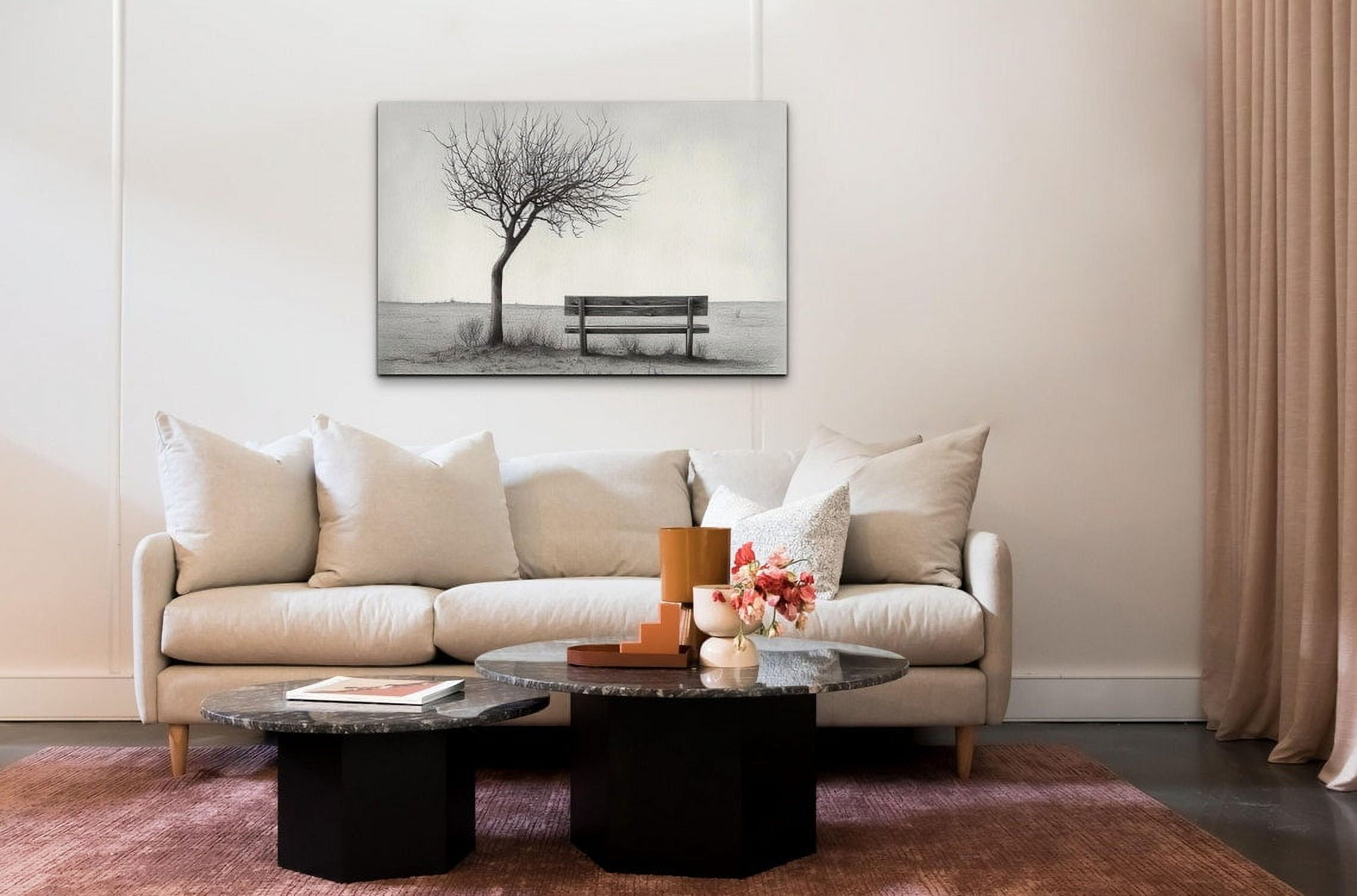 Charcoal Art, One Tree Park With Empty Bench -Gloomy Park Art - Lone ...