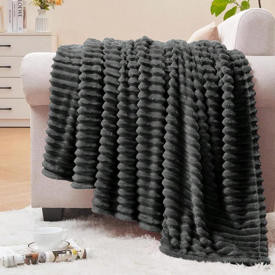 Charcoal Ash Honeycomb Textured Faux Fur Throw Blanket, Ultra Soft Cozy ...