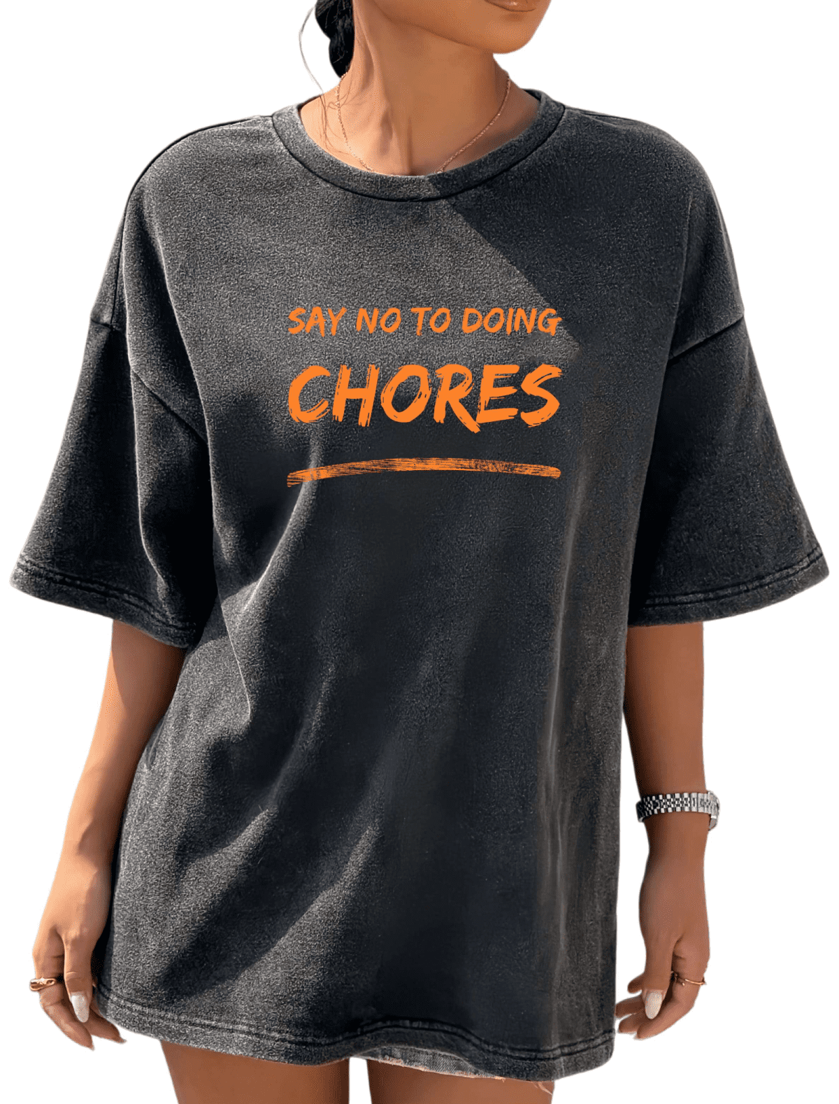 Charcoal Black Washed Vibrant Orange Chore Shirking Phrase Loose Fit ...
