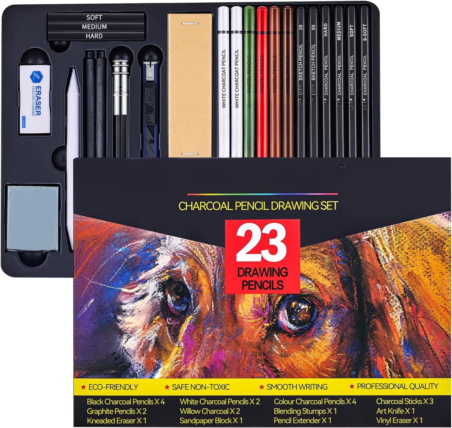 Charcoal Drawing Set, Black & White Charcoal Pencils for Drawing, Sketching, Shading, Blending ...