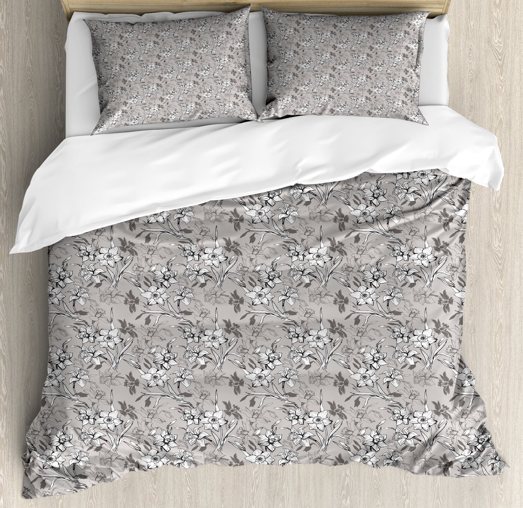 Charcoal Duvet Cover Set, Creative Floral Nostalgia with Hand Drawn ...