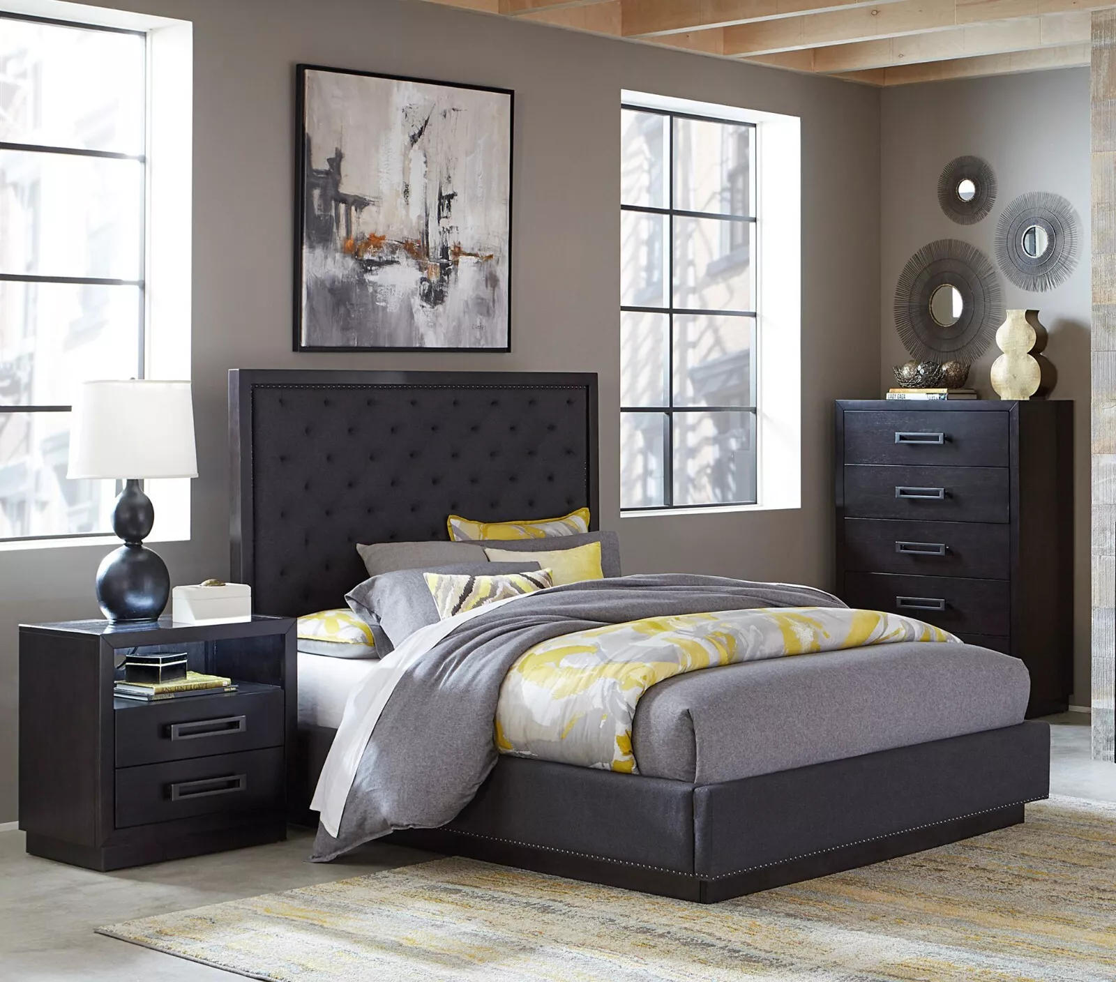 Charcoal Finish 3pc Modern Bedroom Set King Bed Chest Nightstand w LED ...