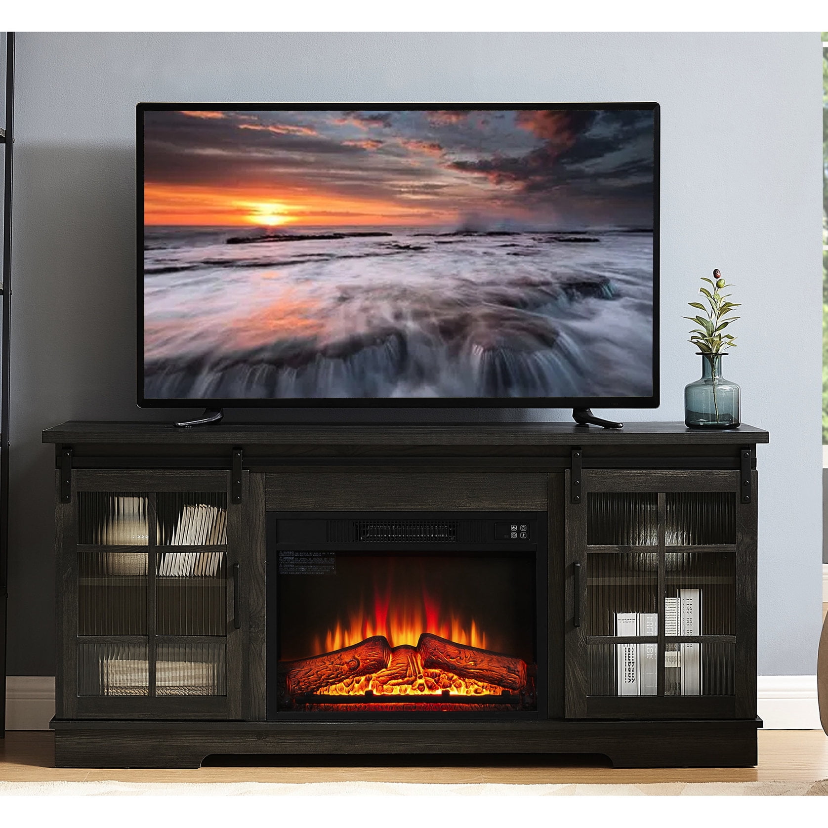 Charcoal GREY TV Stand with 2 Sliding Glass Doors, 65'' TV ...