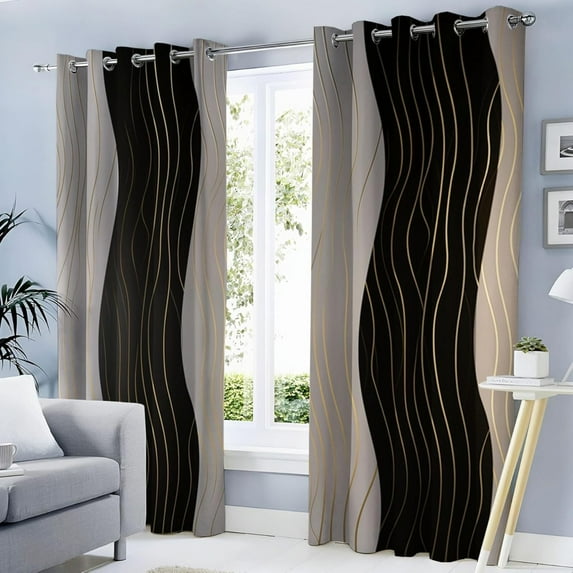 Charcoal Gray Blackout Curtains Luxurious Gold Leaf Waves Curtains For ...