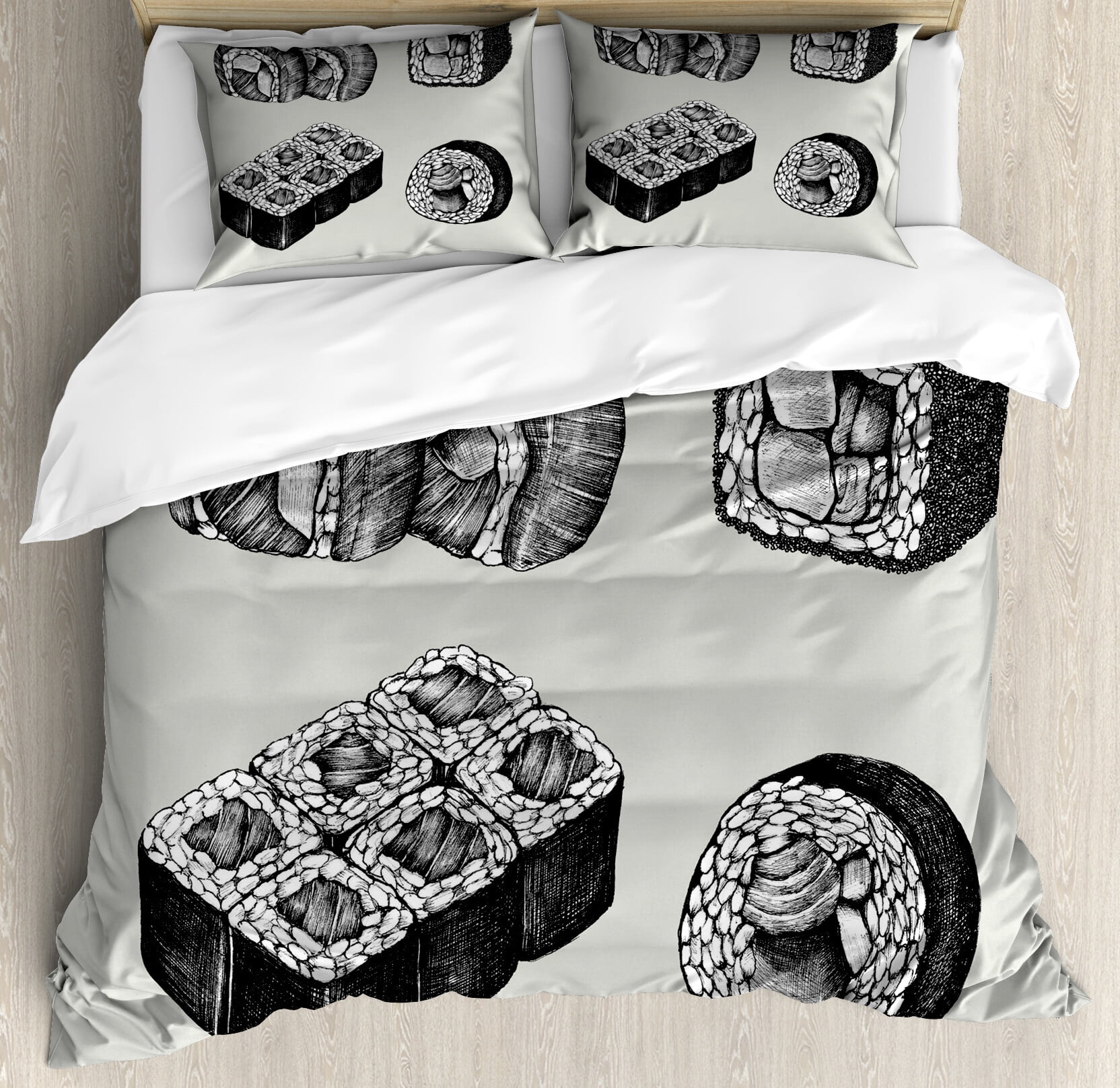Charcoal Grey Duvet Cover Set, Hand Drawn Inspired Sushi Japanese Food ...