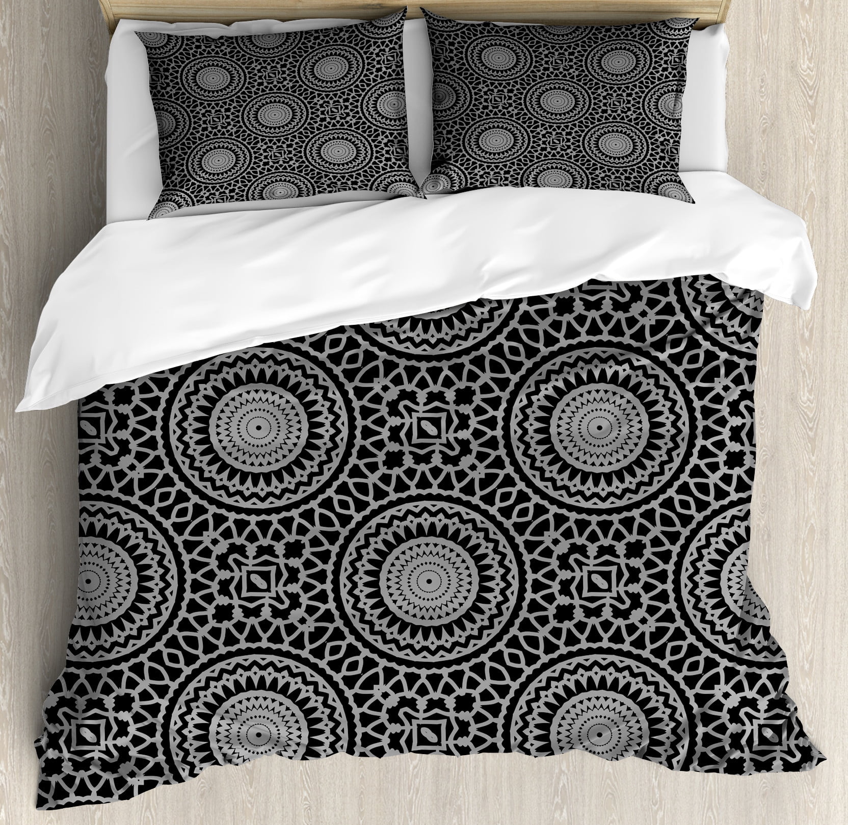 Charcoal Grey Duvet Cover Set, Monochrome Concept of Ornamental Round ...