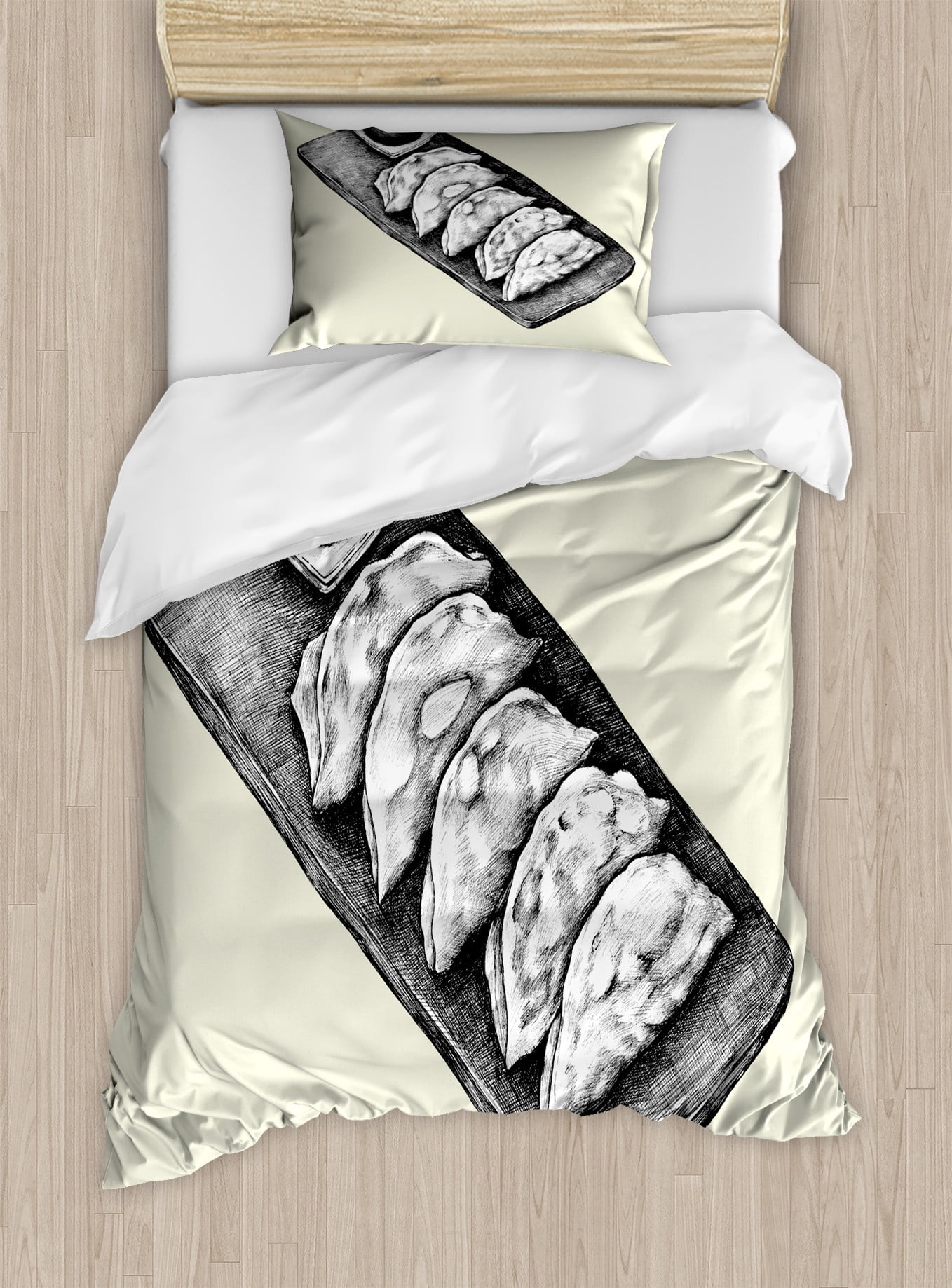 Charcoal Grey Duvet Cover Set, Sketch Art Japanese Crescent Shaped ...