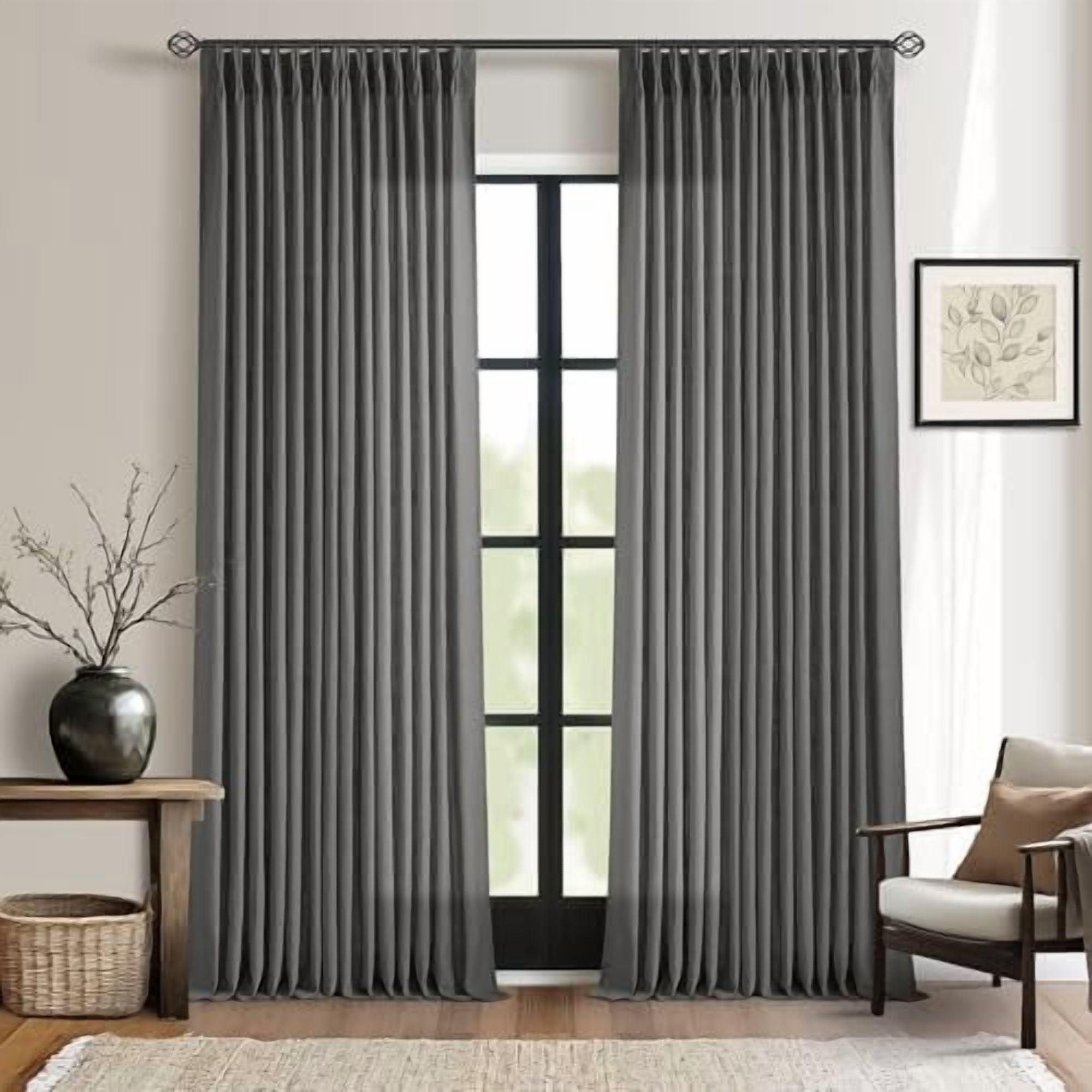 Charcoal Grey Pinch Pleated Linen Curtains 90 Inches Long for Living ...