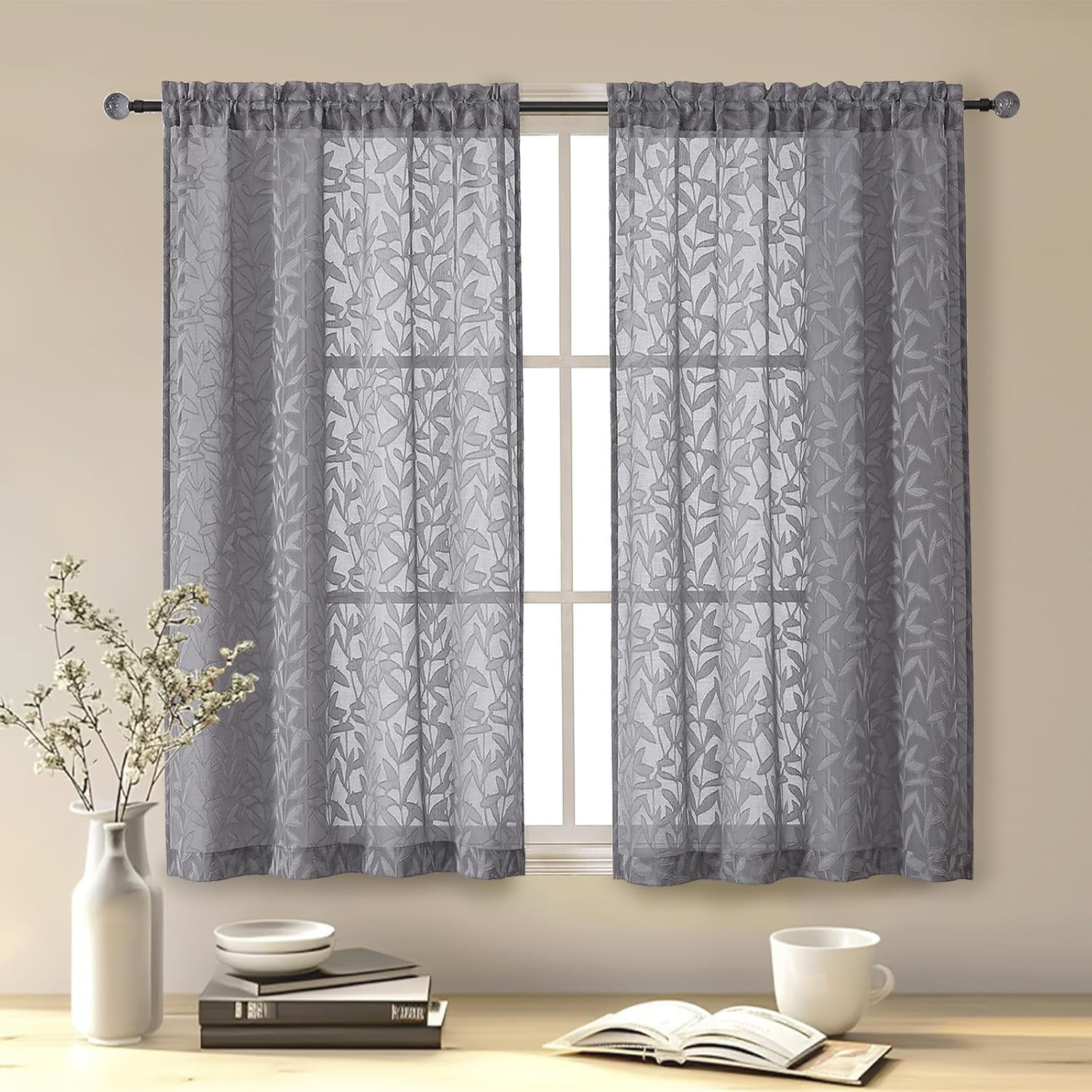 Charcoal Grey Sheer Curtain 54 Inch Length for Living Room 2 Panels Set, Light Filtering ...